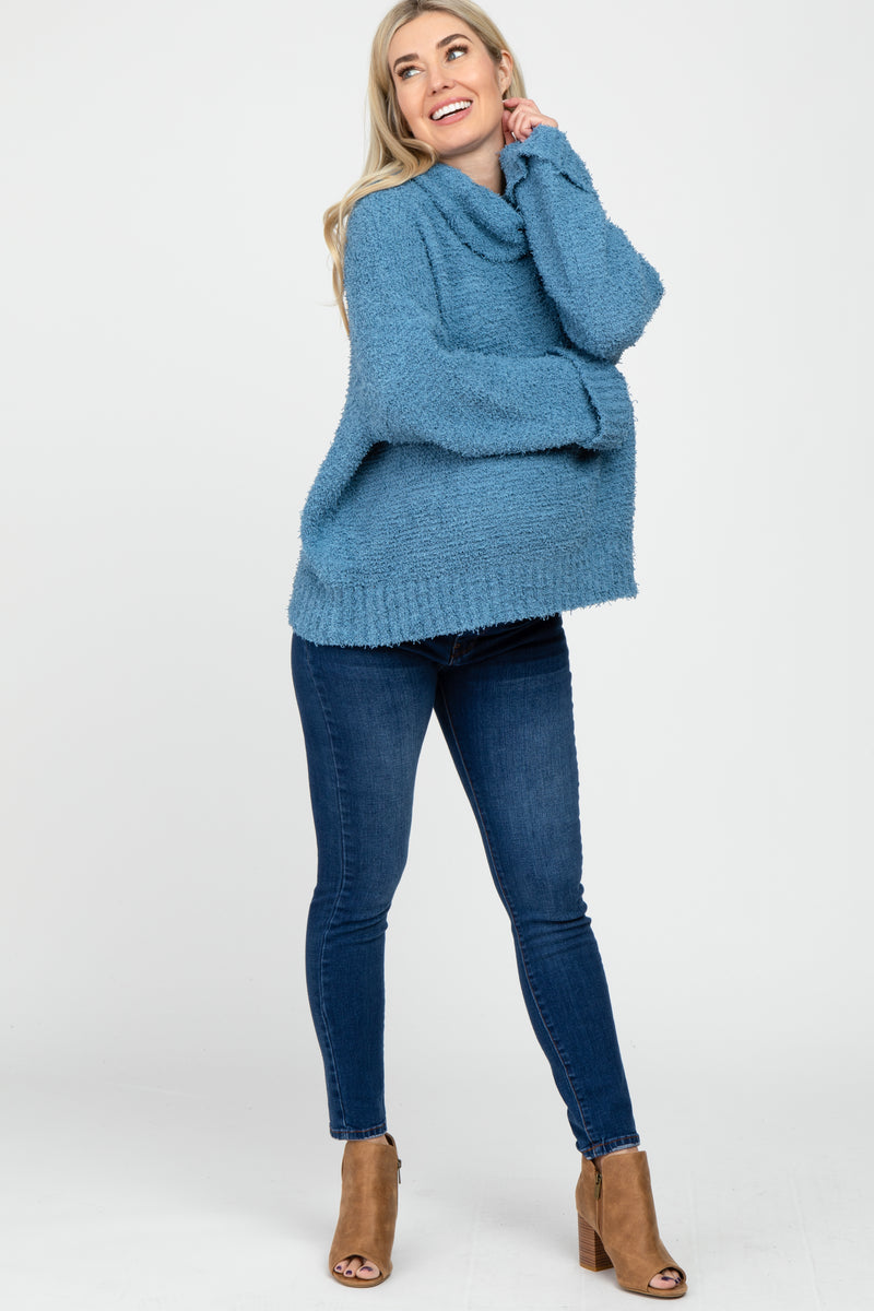Blue Cowl Neck Cuff Sleeve Soft Knit Maternity Sweater– PinkBlush