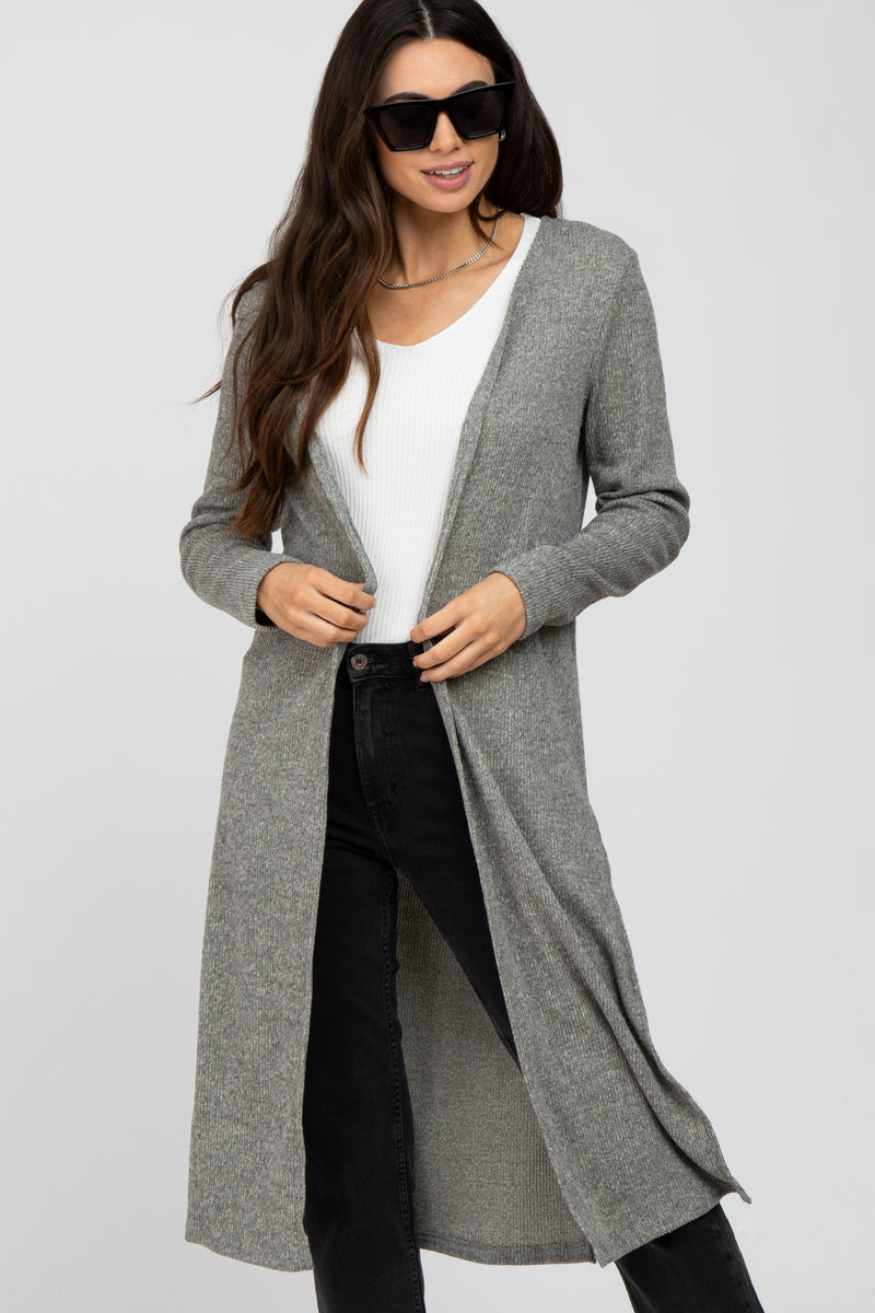 Beige Heathered Ribbed Side Slit Long Cardigan– PinkBlush