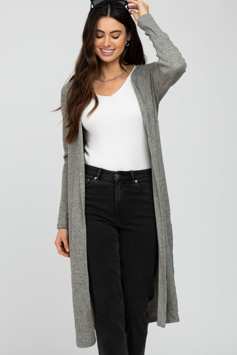 Beige Heathered Ribbed Side Slit Long Cardigan– PinkBlush