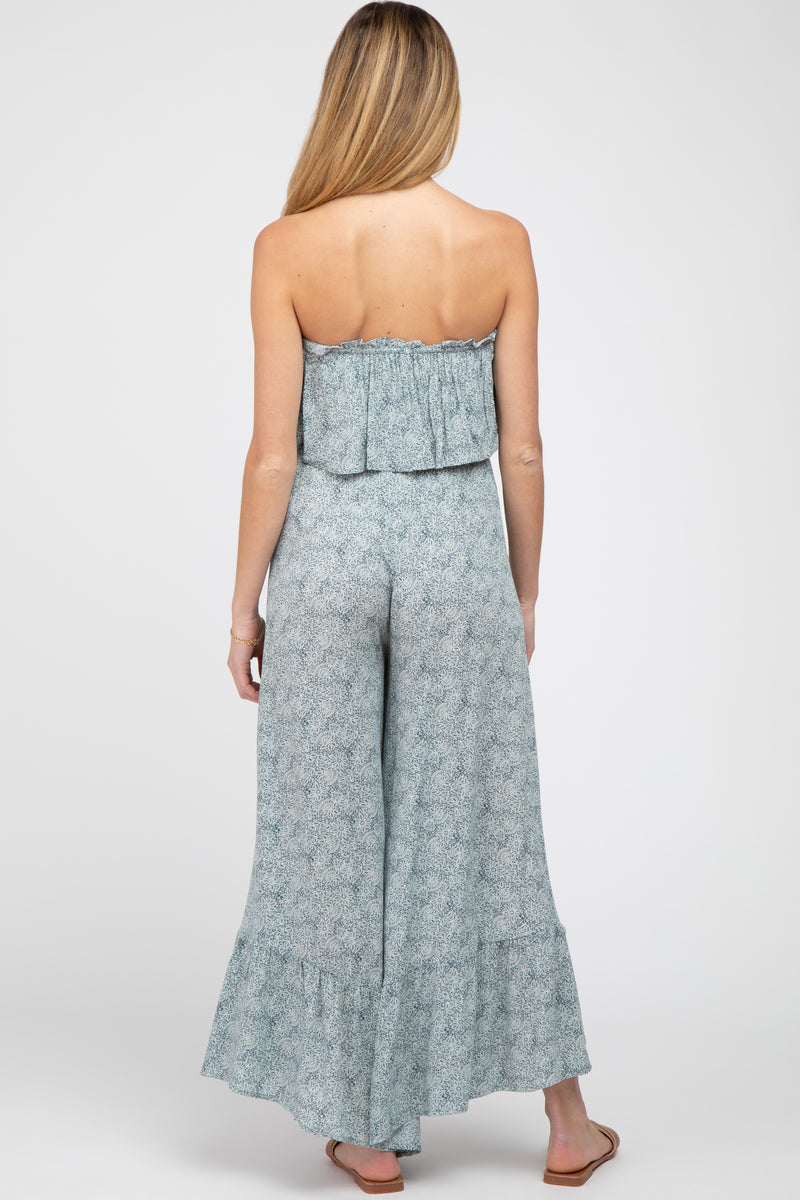 Blue Floral Strapless Ruffle Hem Maternity Jumpsuit– PinkBlush