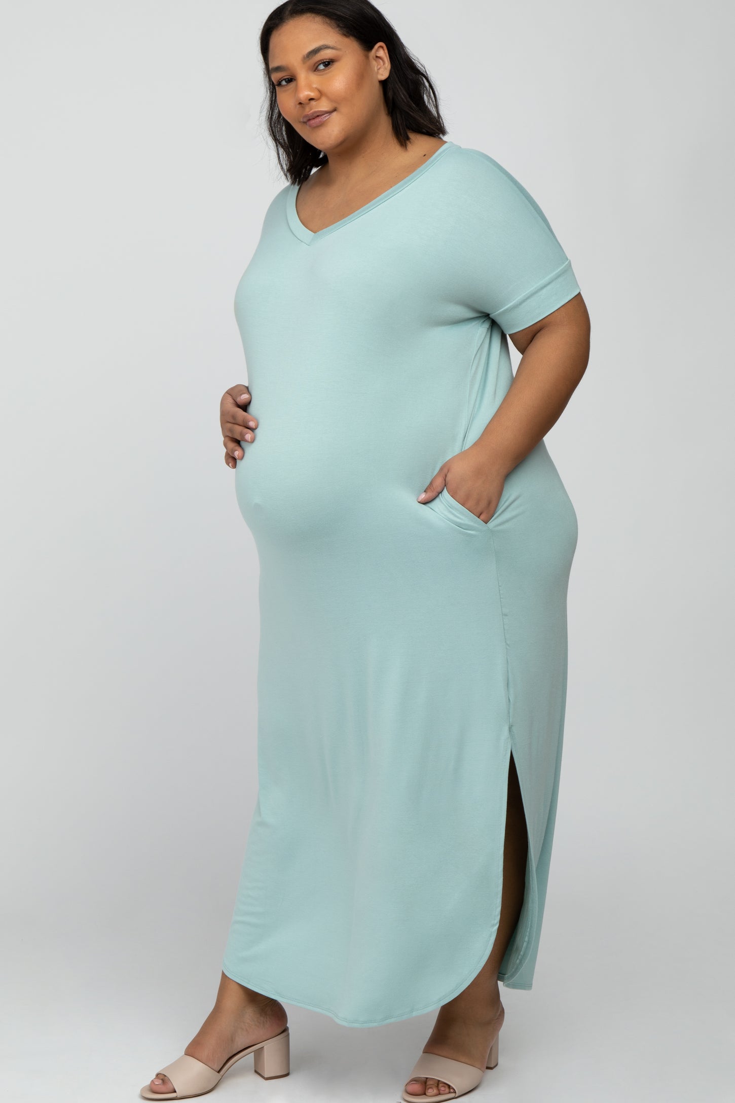 Aqua Side Slit Maternity Plus Maxi Dress– PinkBlush