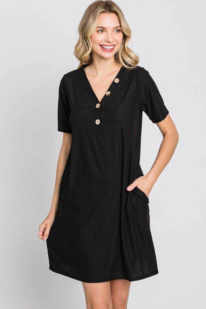 Black Ribbed Button Accent Dress– PinkBlush