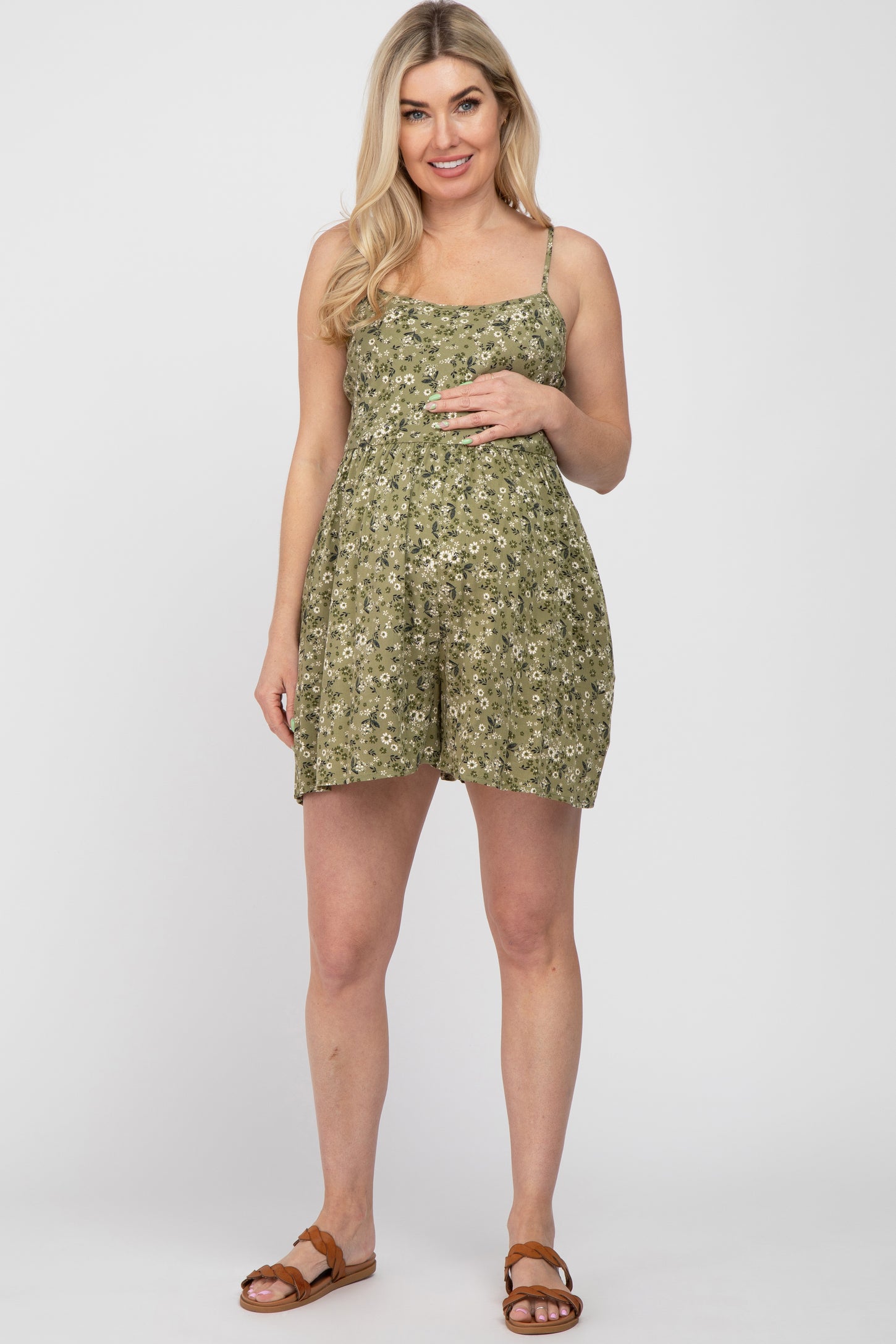 Olive Floral Cutout Back Tie Maternity Romper– PinkBlush