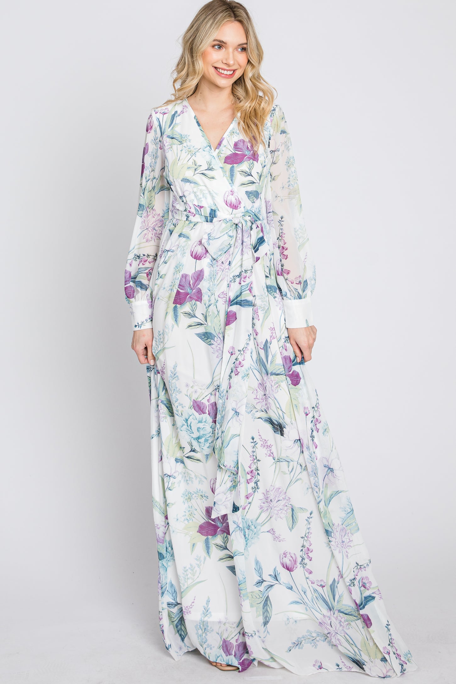 White Floral Chiffon Long Sleeve Pleated Maxi Dress– PinkBlush