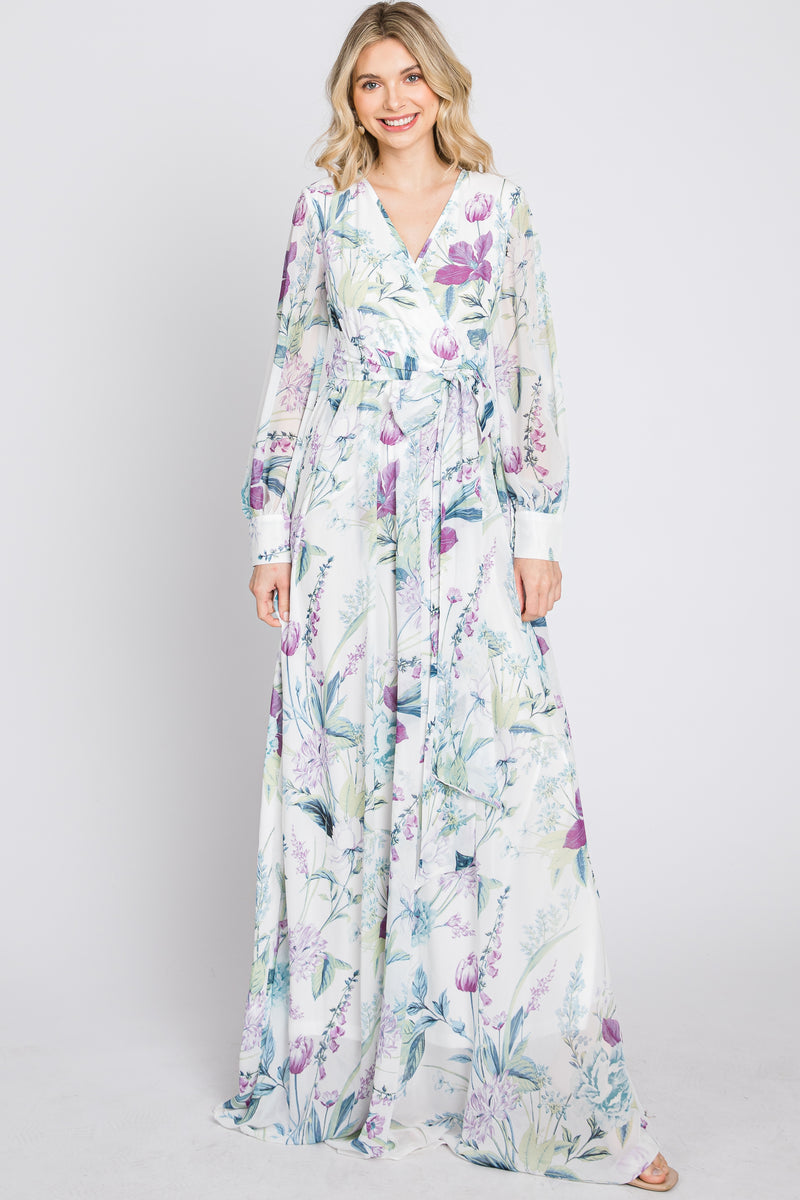 White Floral Chiffon Long Sleeve Pleated Maxi Dress– PinkBlush