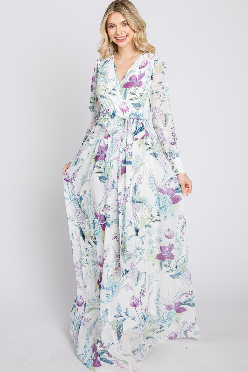 White Floral Chiffon Long Sleeve Pleated Maxi Dress– PinkBlush