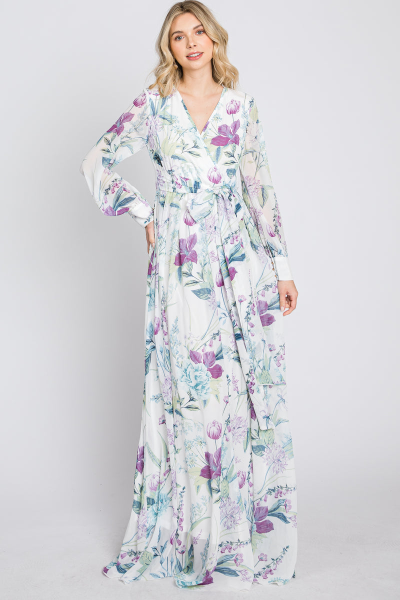 White Floral Chiffon Long Sleeve Pleated Maxi Dress– PinkBlush