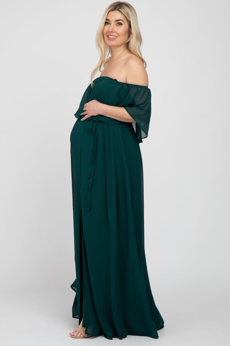 Emerald Green Chiffon Off Shoulder Maternity Maxi Dress– PinkBlush