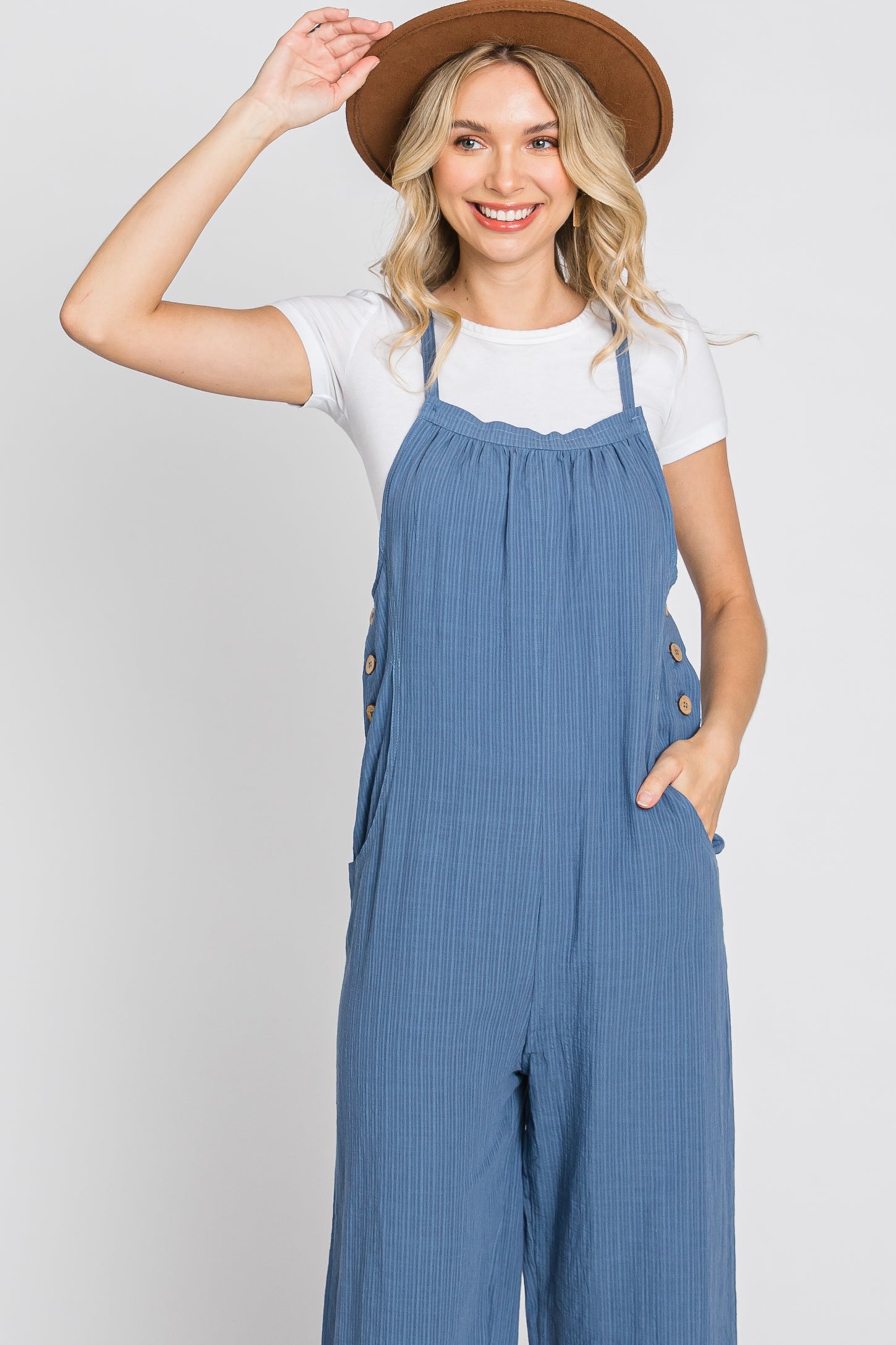 Blue Striped Wide Leg Cropped Overalls– PinkBlush