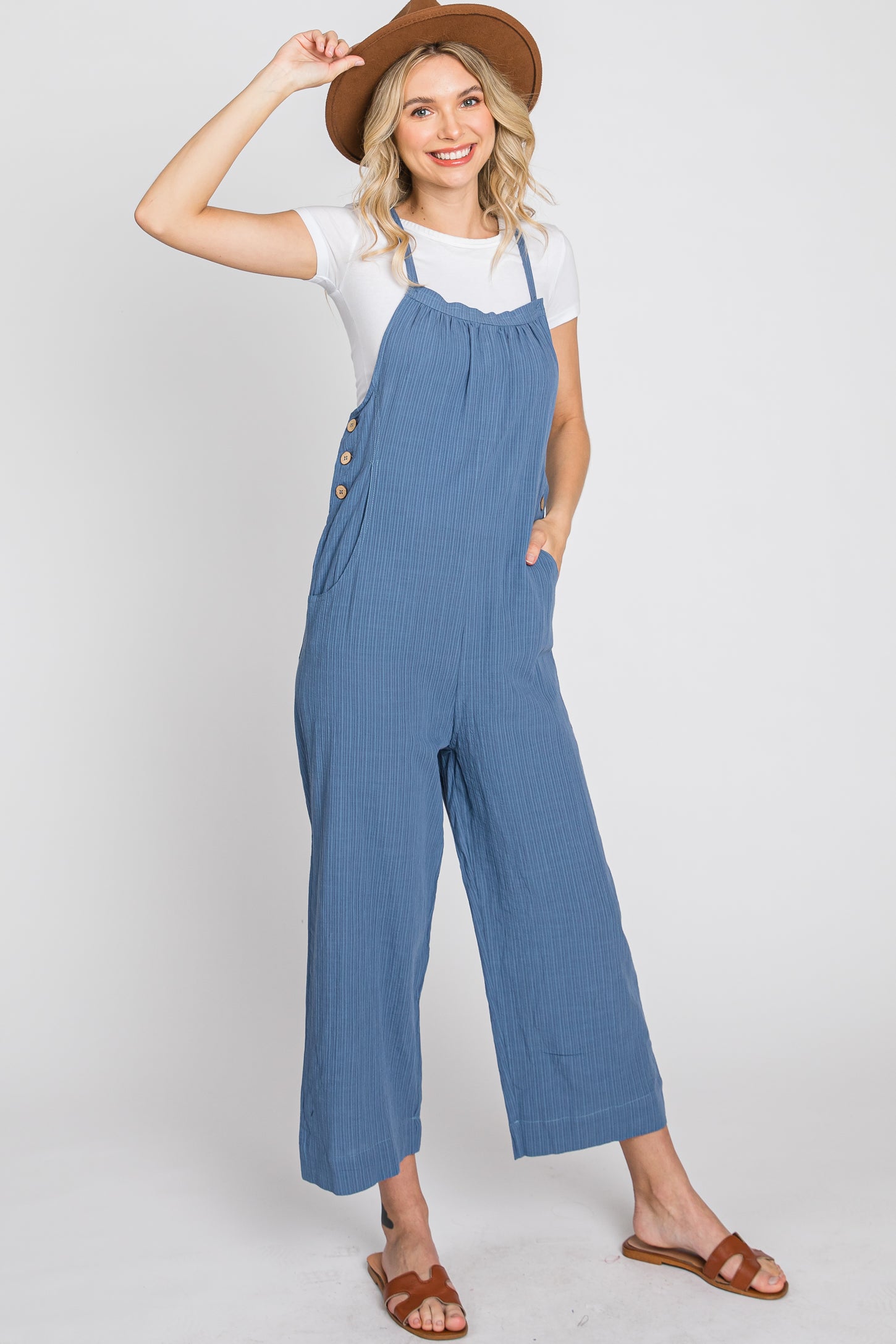 Blue Striped Wide Leg Cropped Overalls– PinkBlush