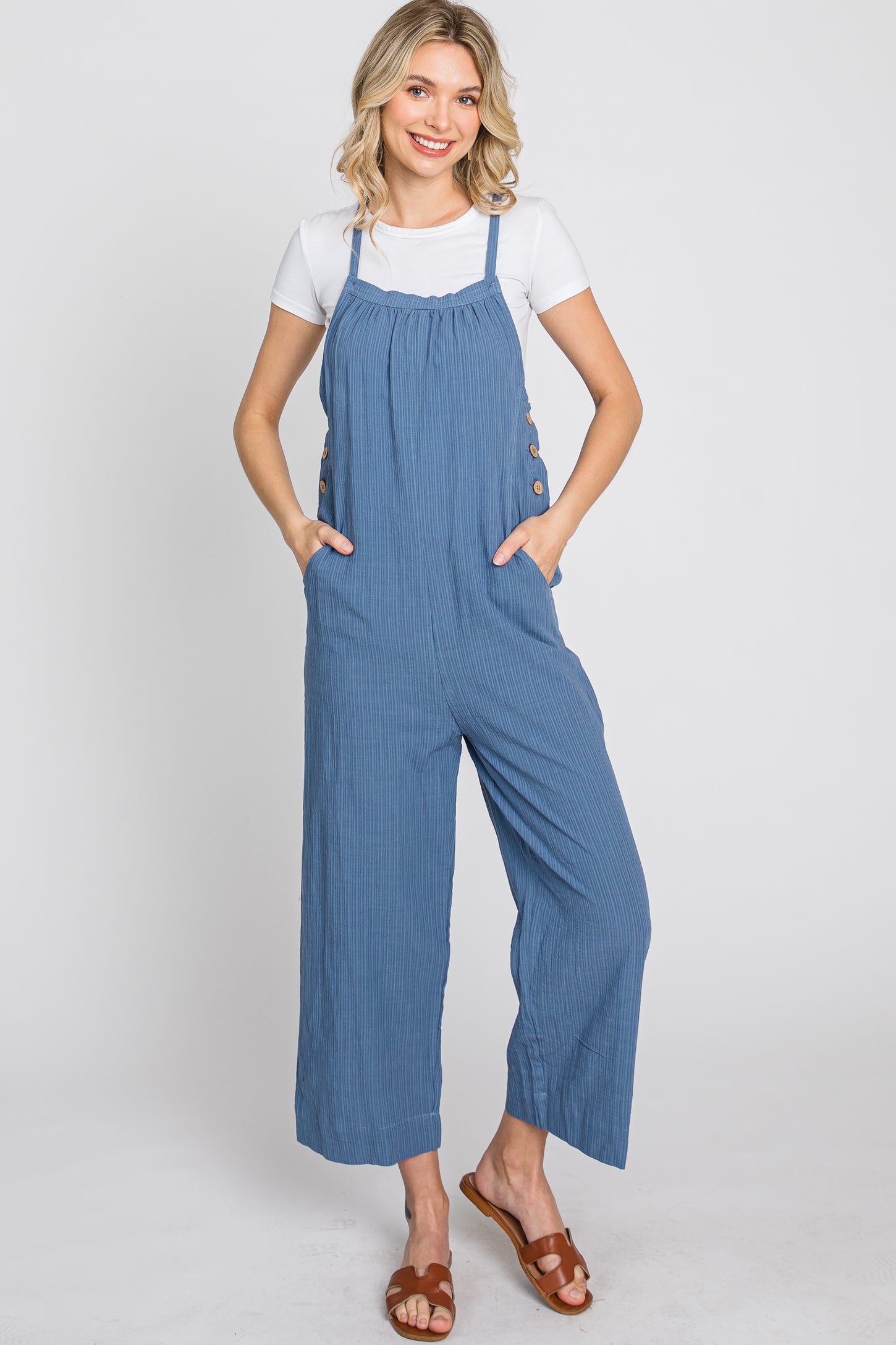 Blue Striped Wide Leg Cropped Overalls– PinkBlush