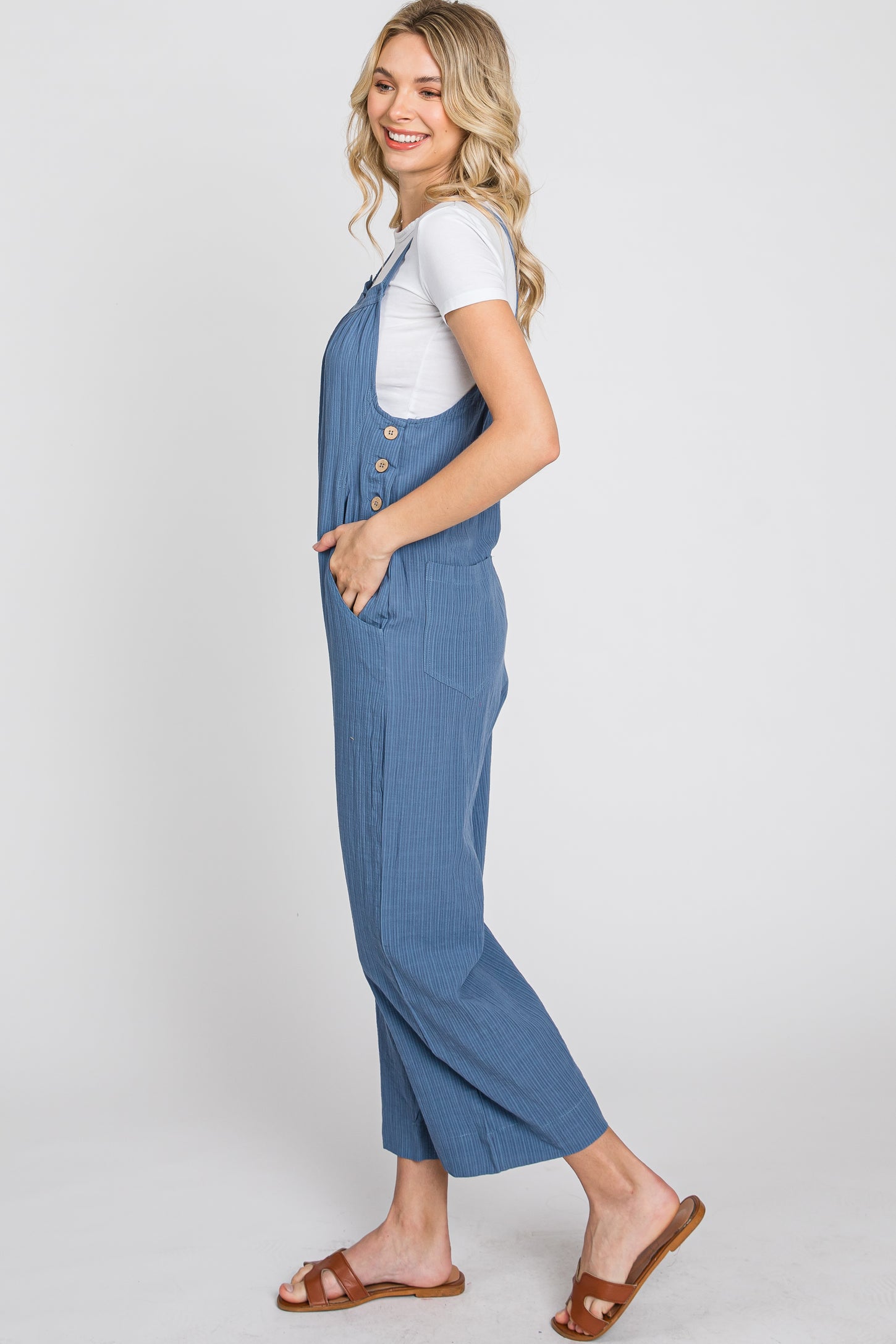 Blue Striped Wide Leg Cropped Overalls– PinkBlush