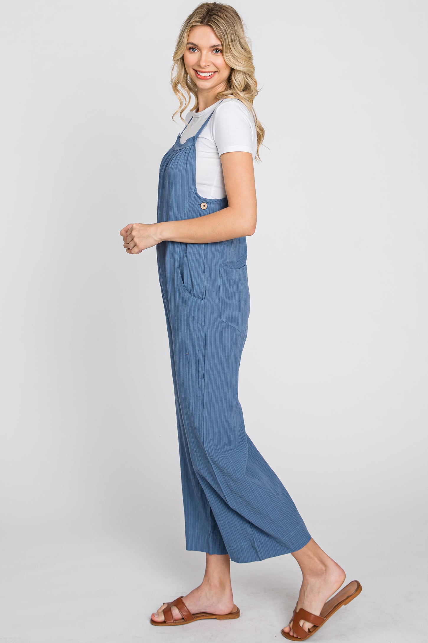 Blue Striped Wide Leg Cropped Overalls– PinkBlush