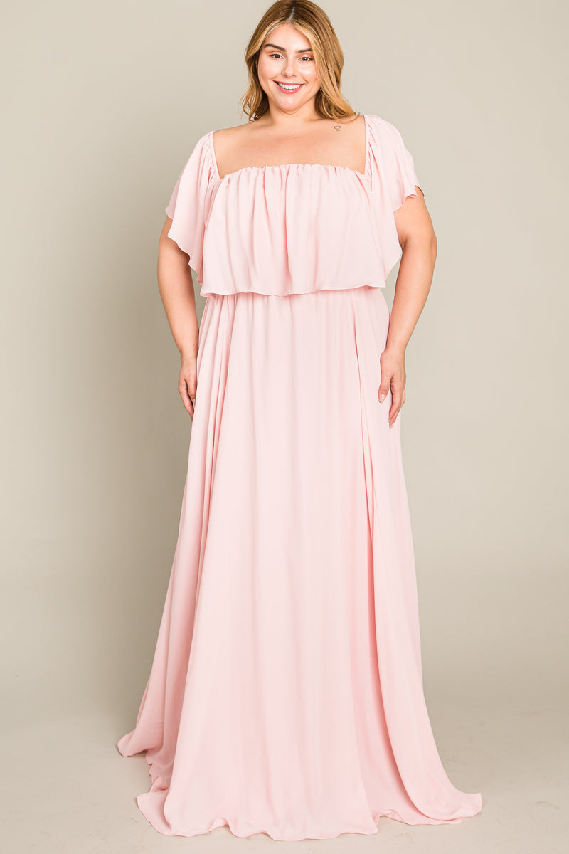 Light Pink Chiffon Off Shoulder Plus Gown – PinkBlush