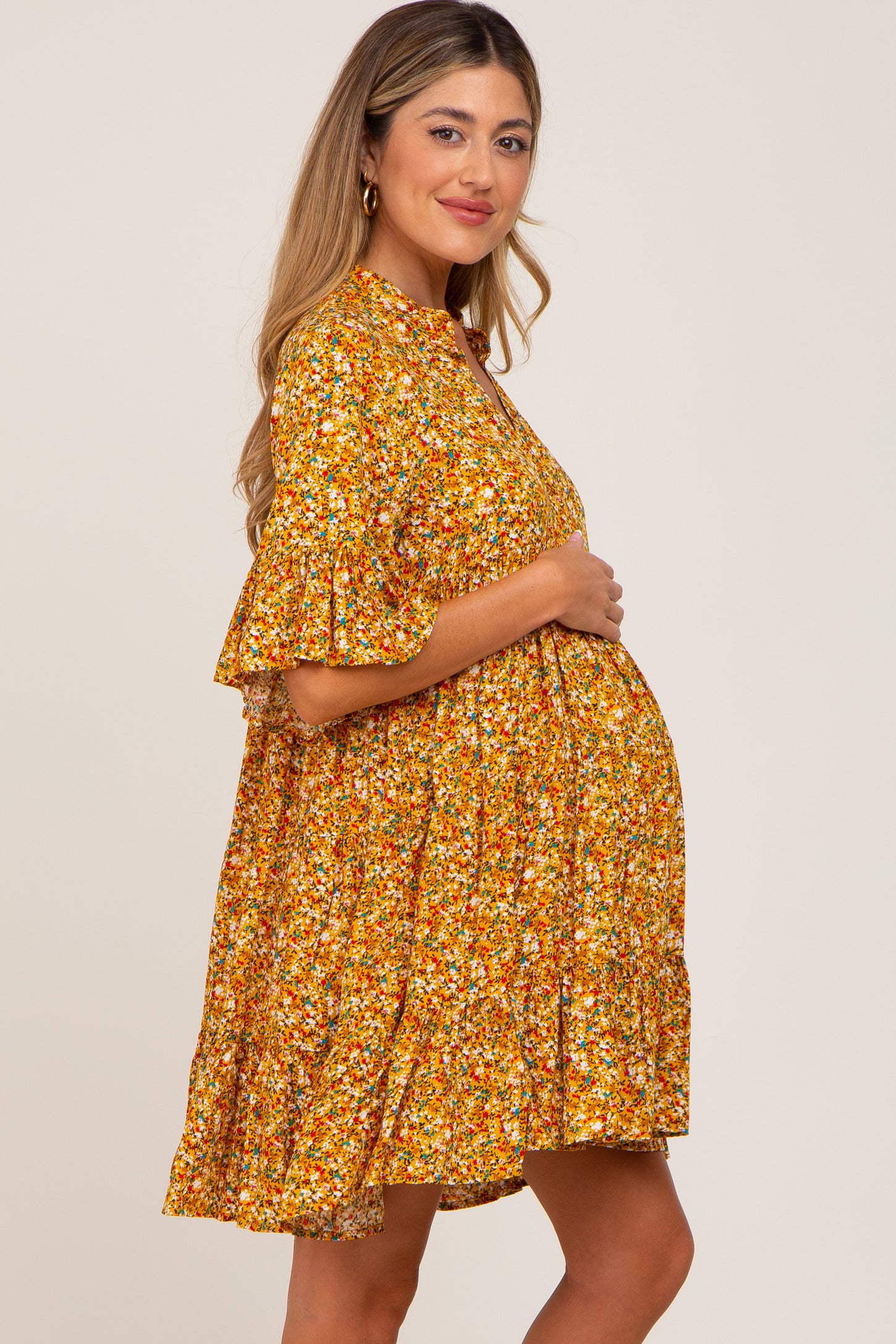 Yellow Floral Ruffle Sleeve Tiered Maternity Dress– PinkBlush