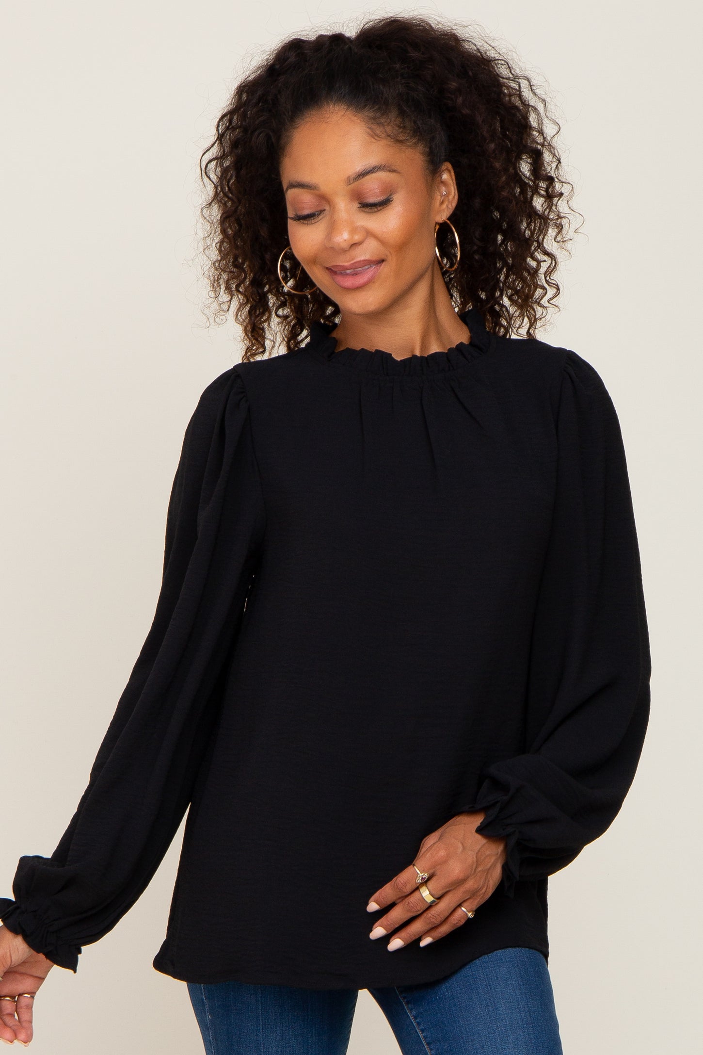 Black Ruffle Neck Long Sleeve Blouse– PinkBlush