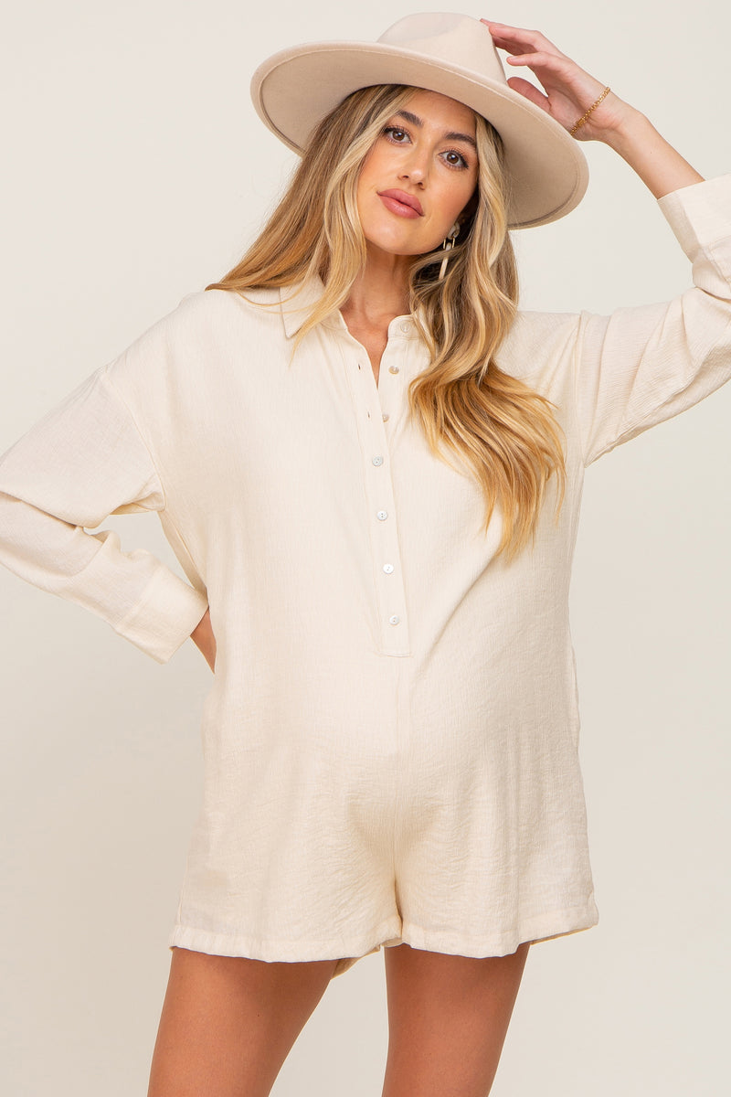 Ivory Collared Button Front Maternity Romper – PinkBlush