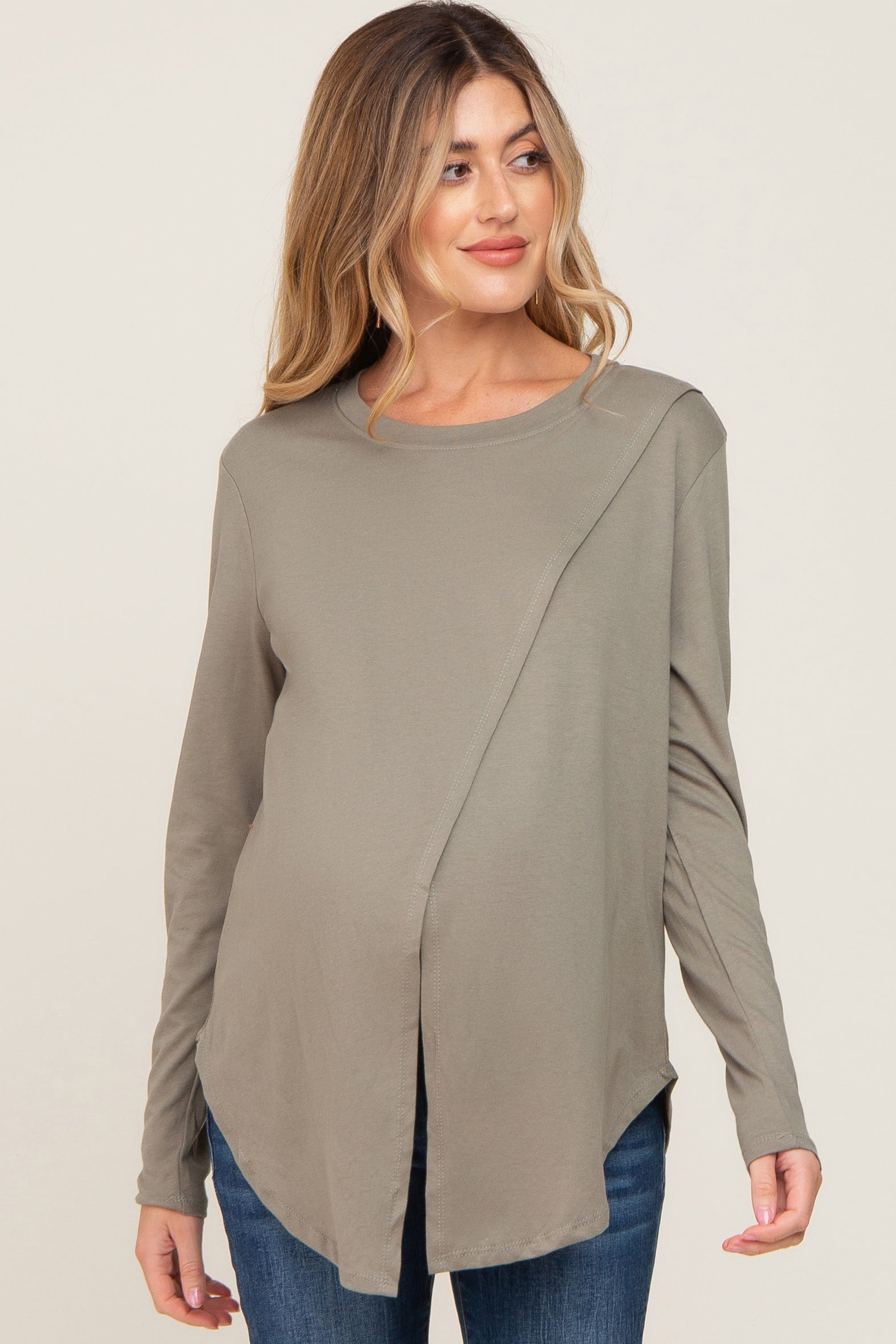 Olive Solid Front Overlap Maternity Long Sleeve Nursing Top – PinkBlush