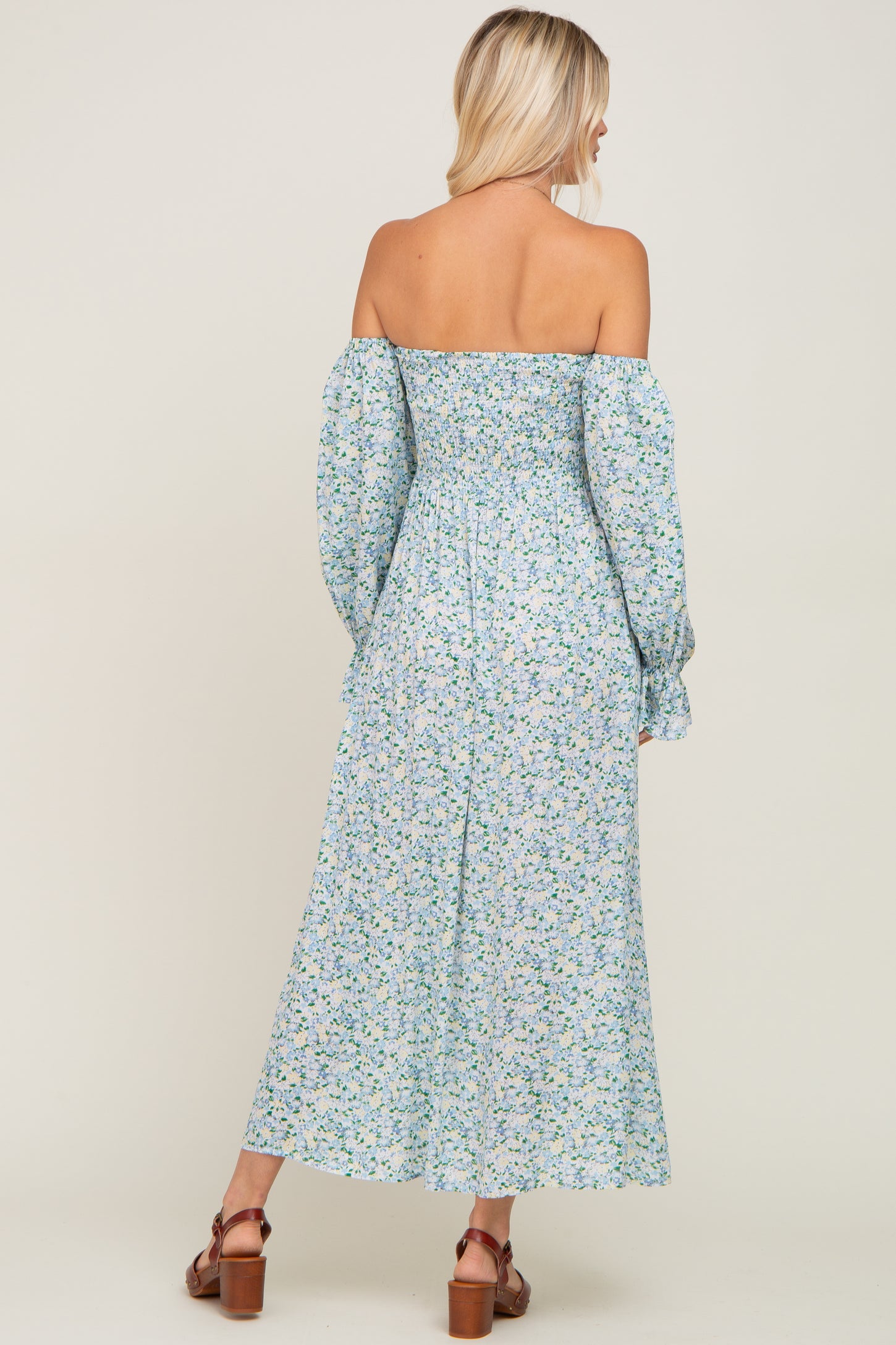 Light Blue Floral Off Shoulder Long Sleeve Maxi Dress– PinkBlush
