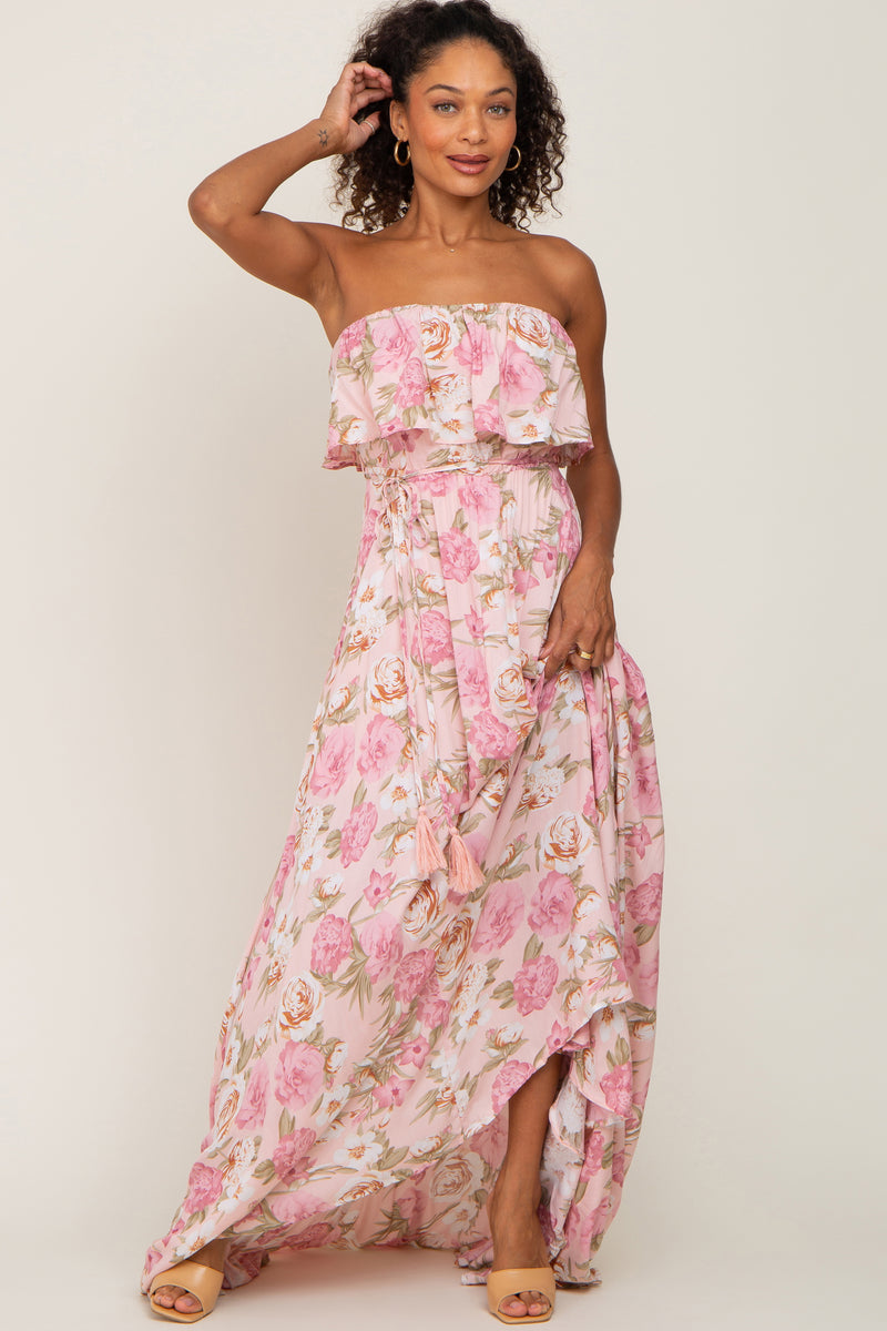 Light Pink Floral Strapless Ruffle Front Maxi Dress – PinkBlush