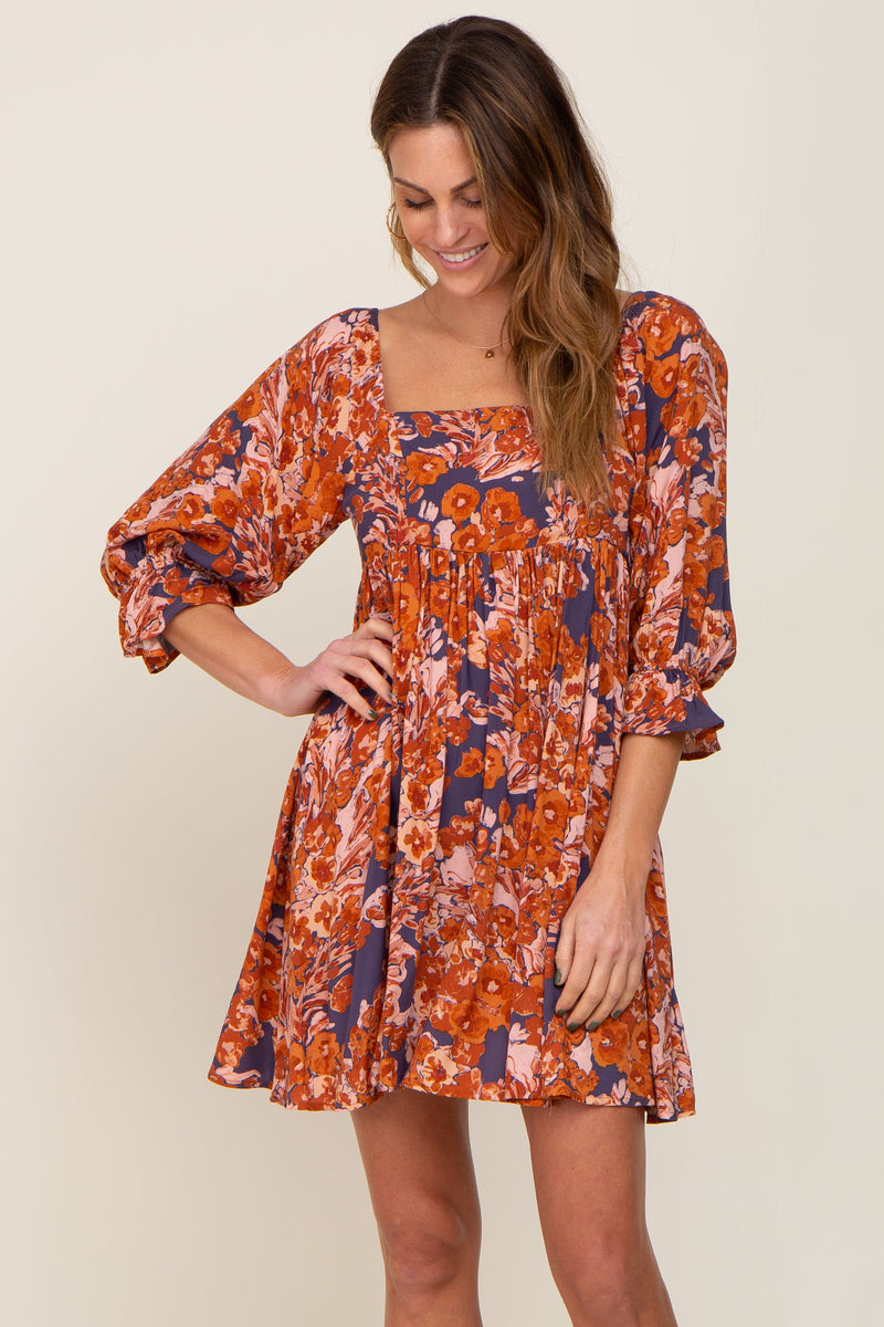 Navy Rust Floral Puff Sleeve Mini Dress– PinkBlush