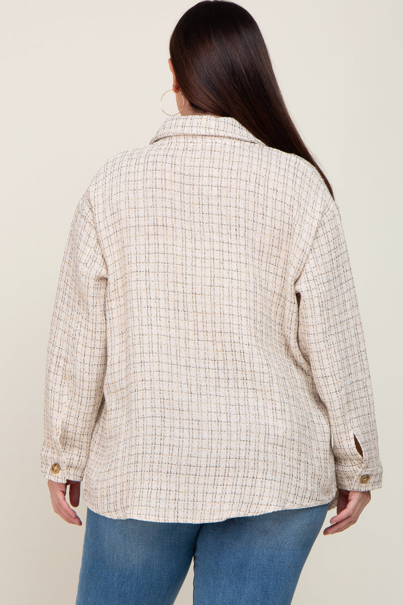 Beige Tweed Front Pocket Plus Shacket– PinkBlush