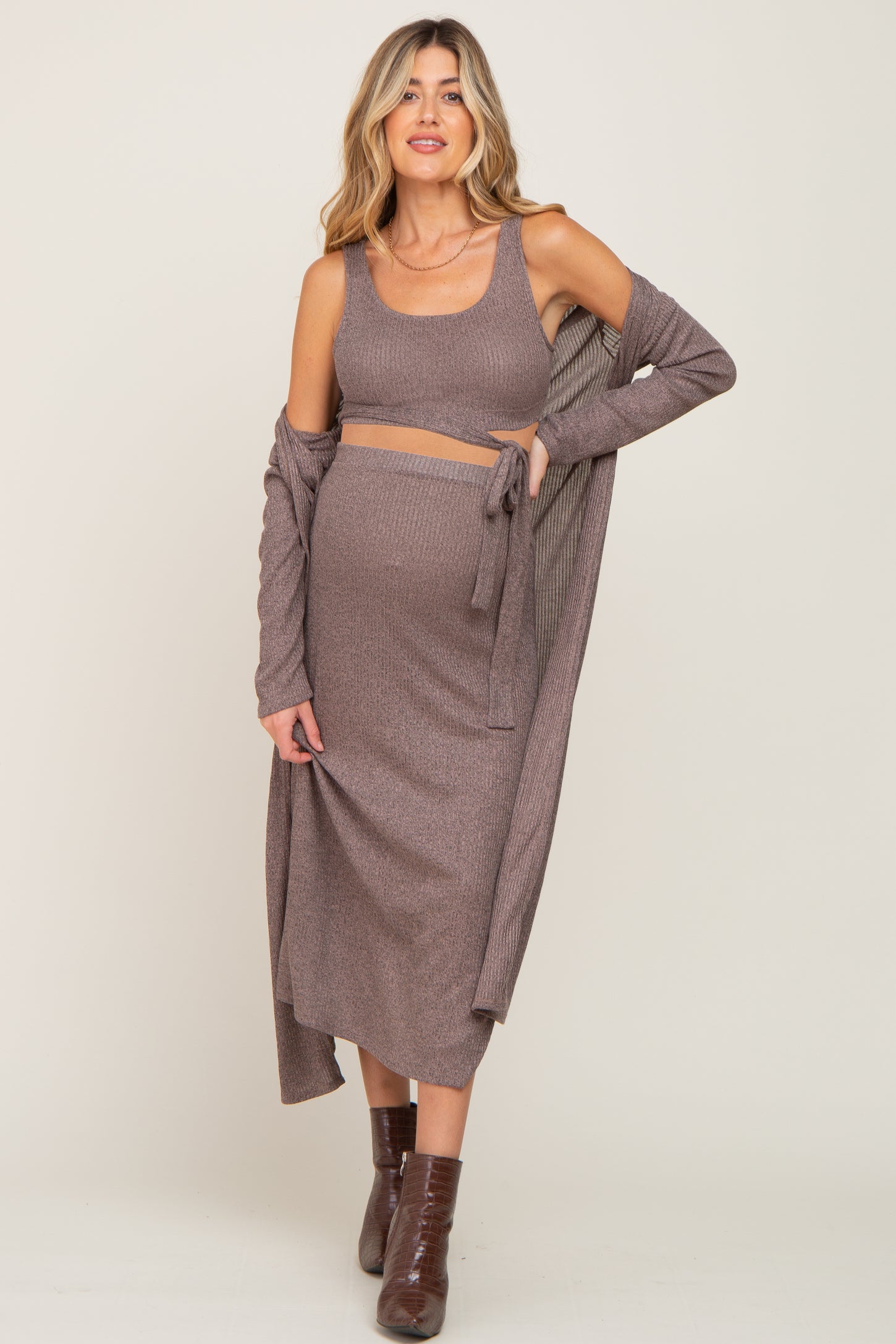 Mocha Heather 3-Piece Skirt and Cardigan Maternity Set– PinkBlush
