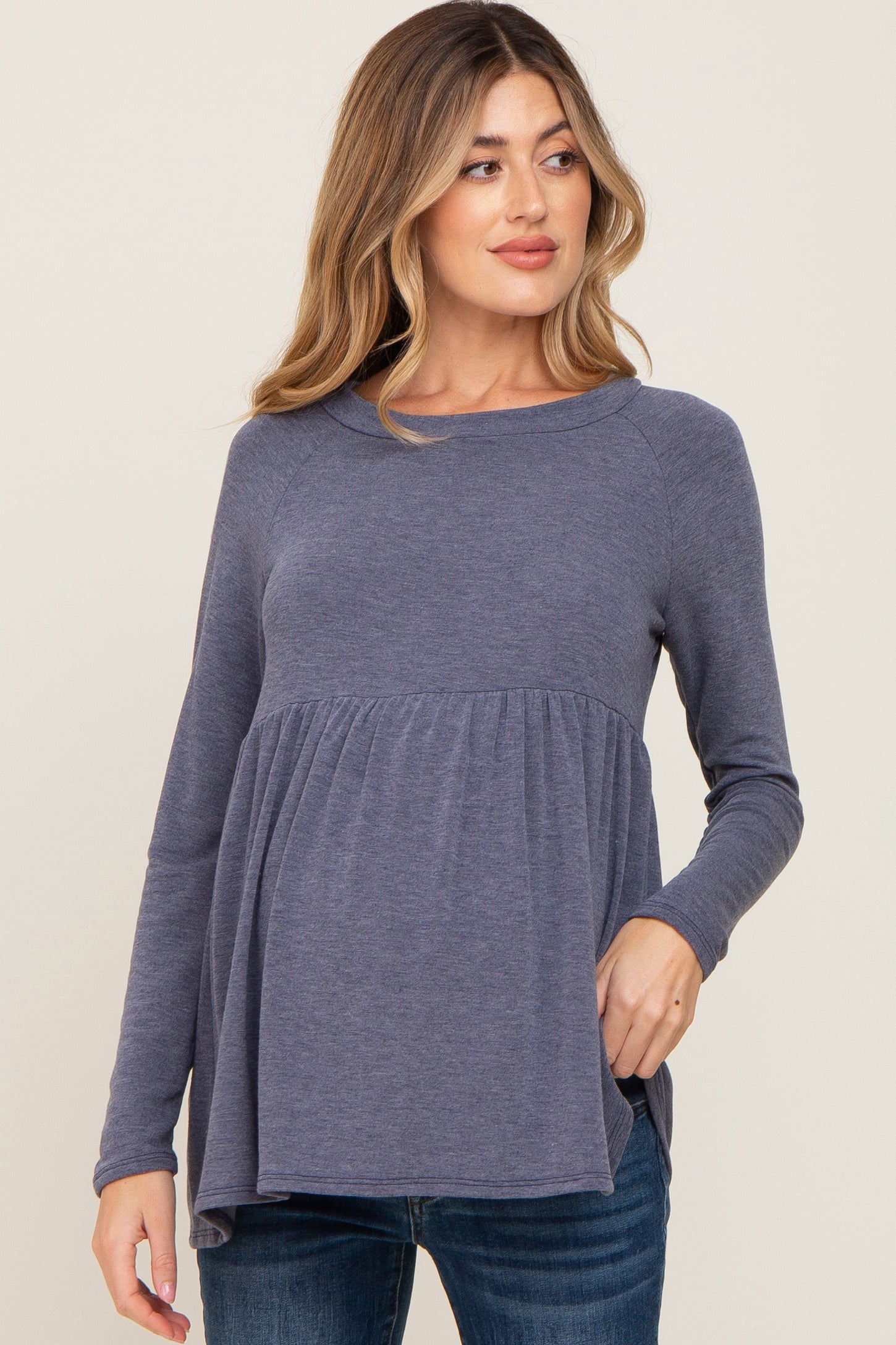 Navy Brushed Knit Long Sleeve Peplum Maternity Top– PinkBlush