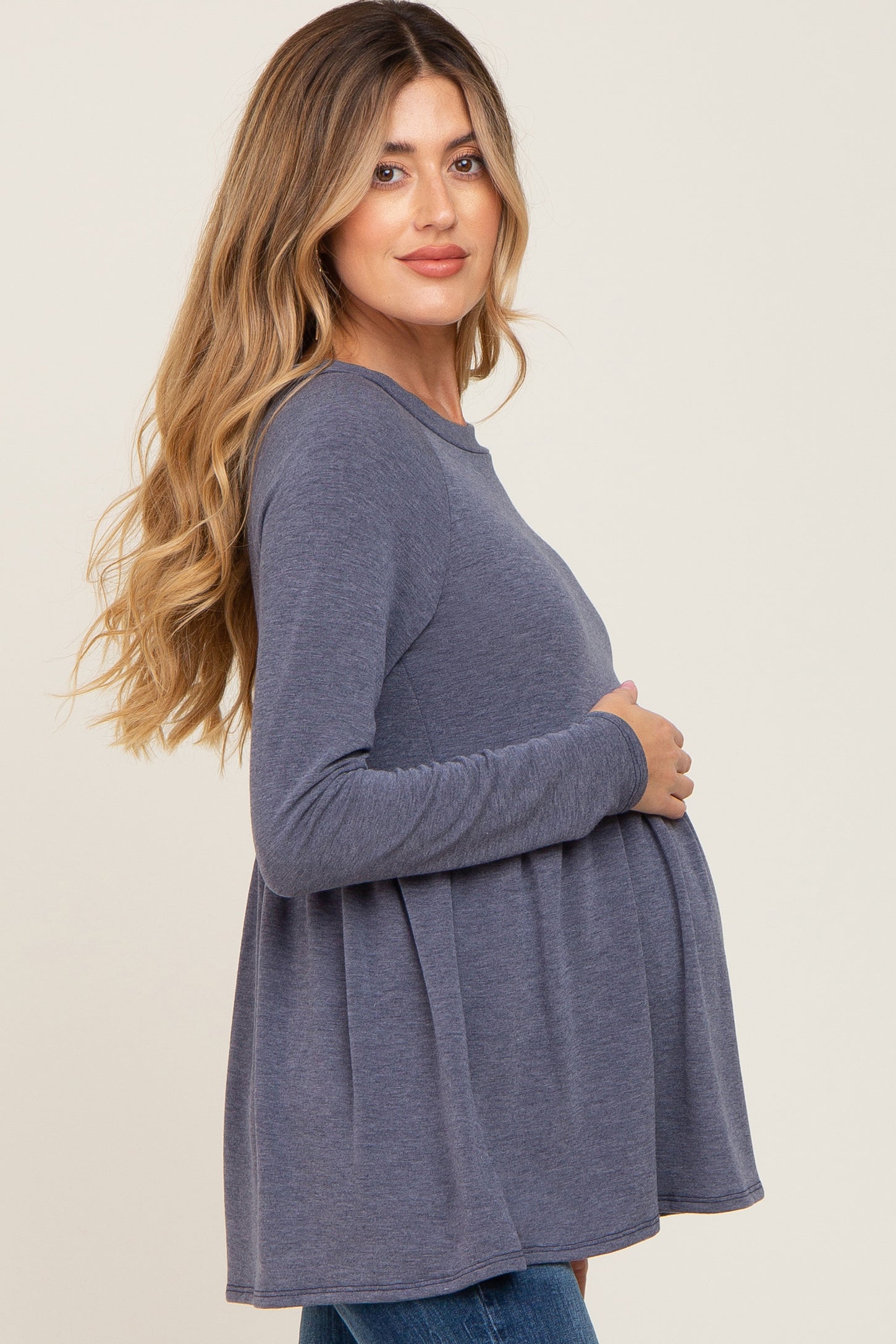 Navy Brushed Knit Long Sleeve Peplum Maternity Top– PinkBlush