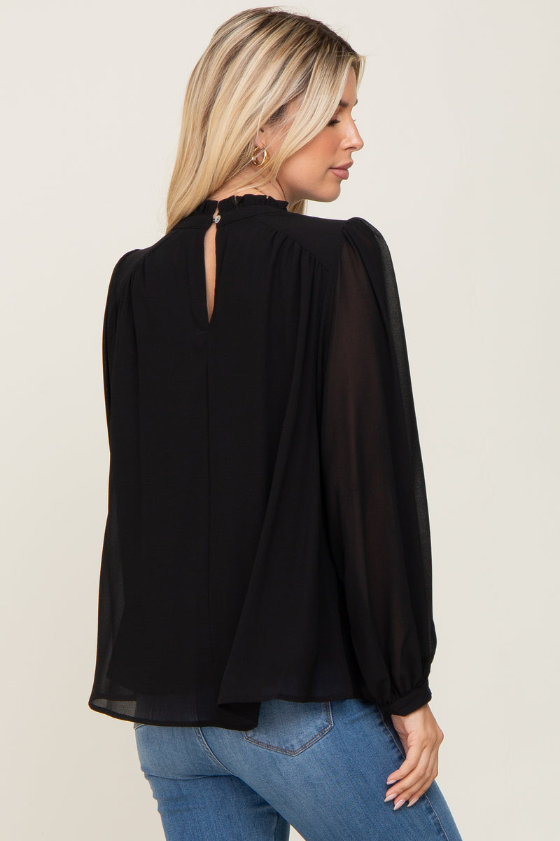 Black Chiffon Ruffle Accent Blouse– PinkBlush