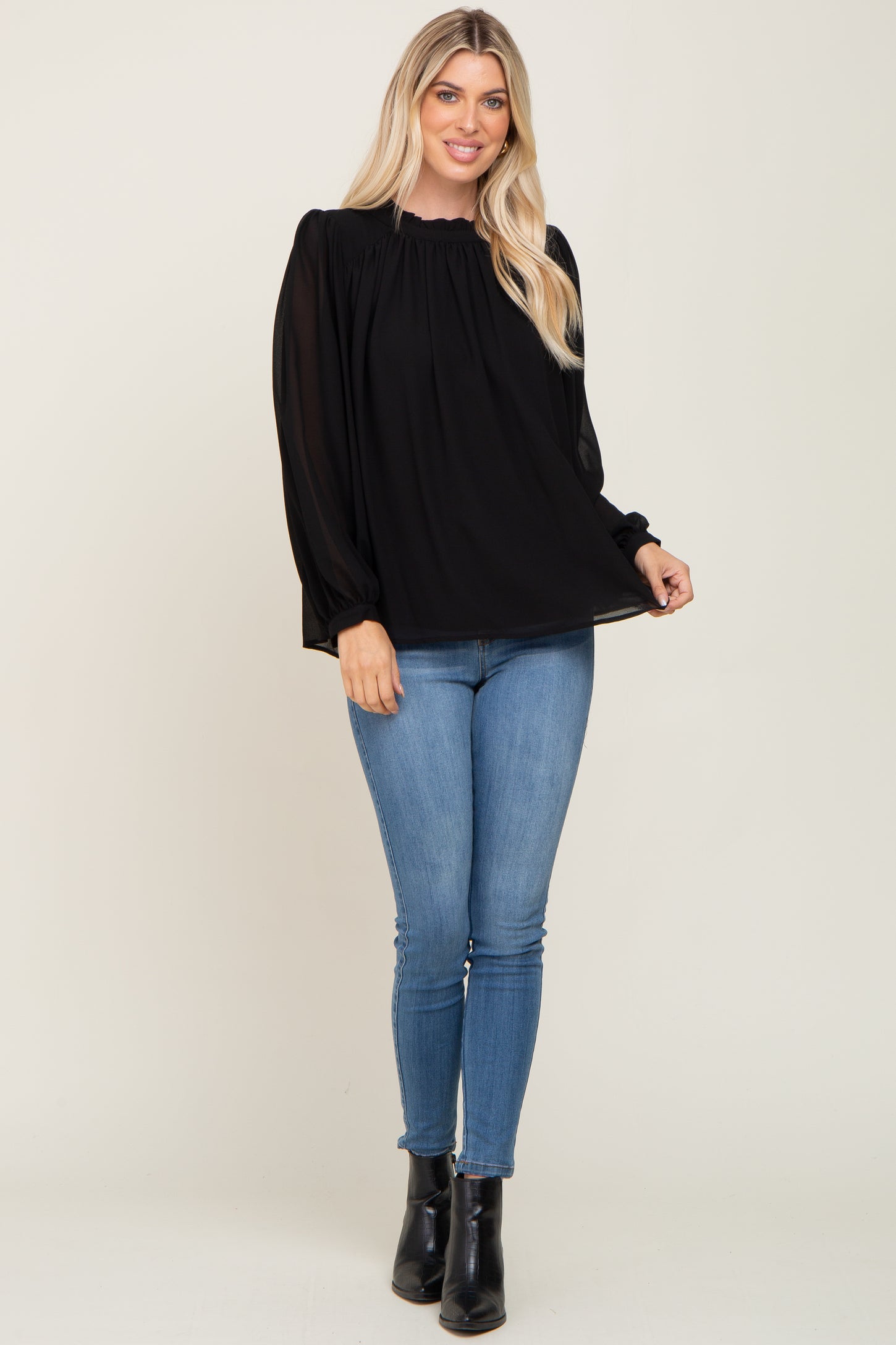 Black Chiffon Ruffle Accent Blouse– PinkBlush
