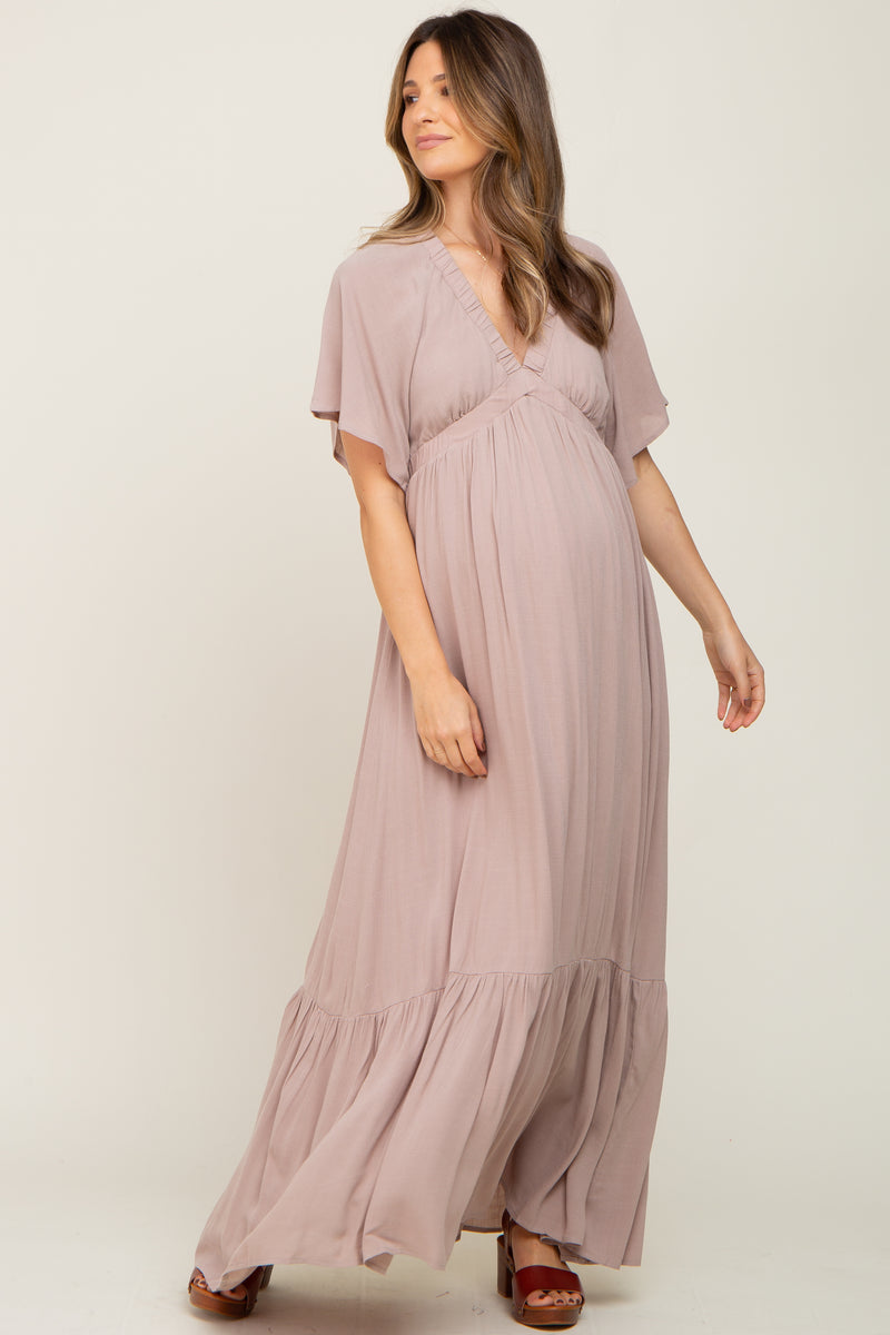 Taupe V-Neck Flounce Sleeve Maternity Maxi Dress– PinkBlush