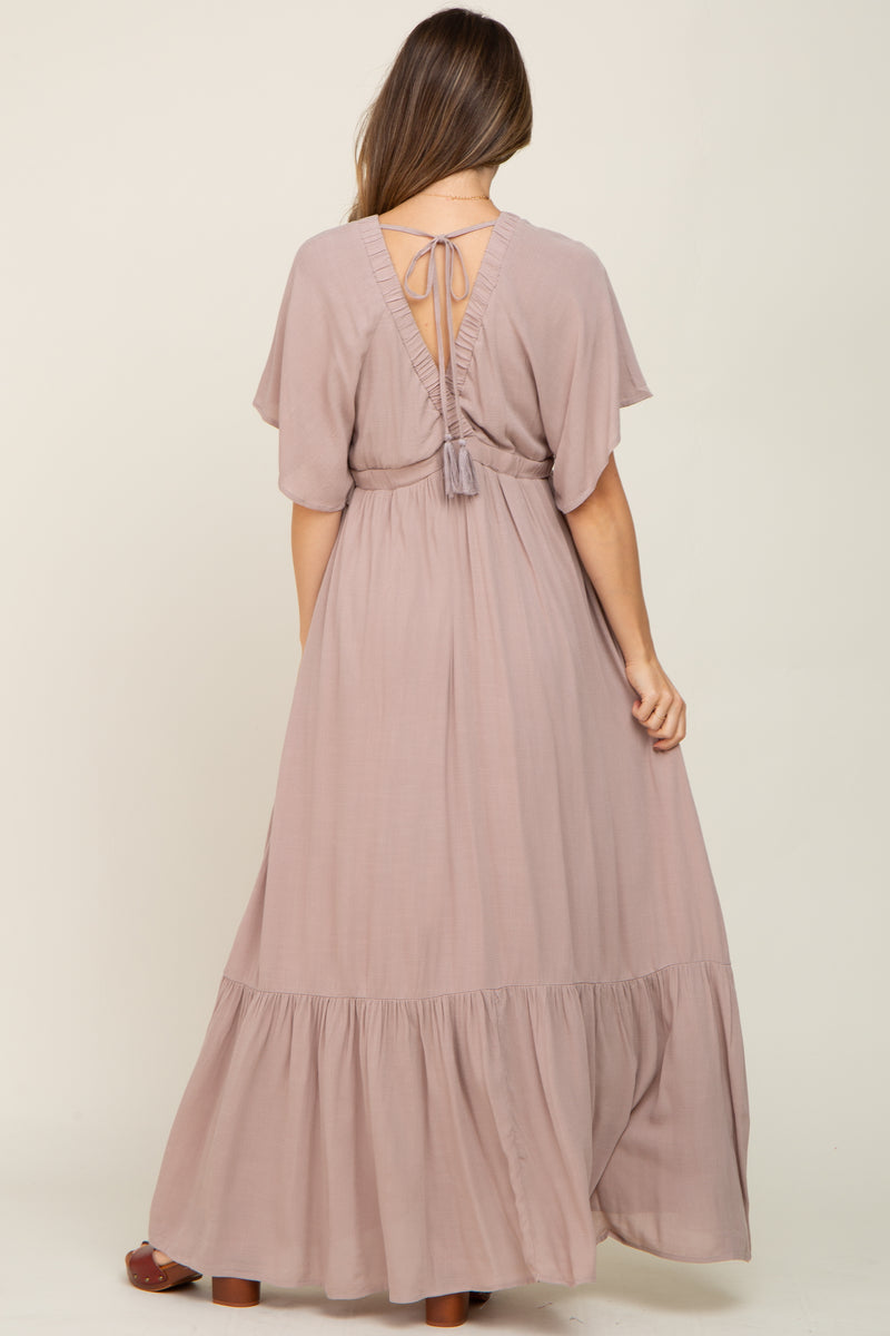 Taupe V-Neck Flounce Sleeve Maternity Maxi Dress– PinkBlush