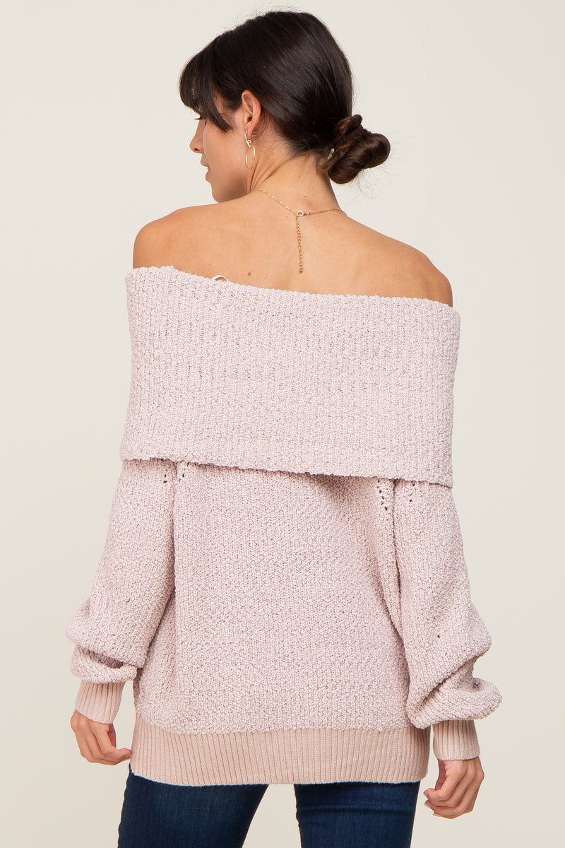 Beige Foldover Off Shoulder Sweater – PinkBlush