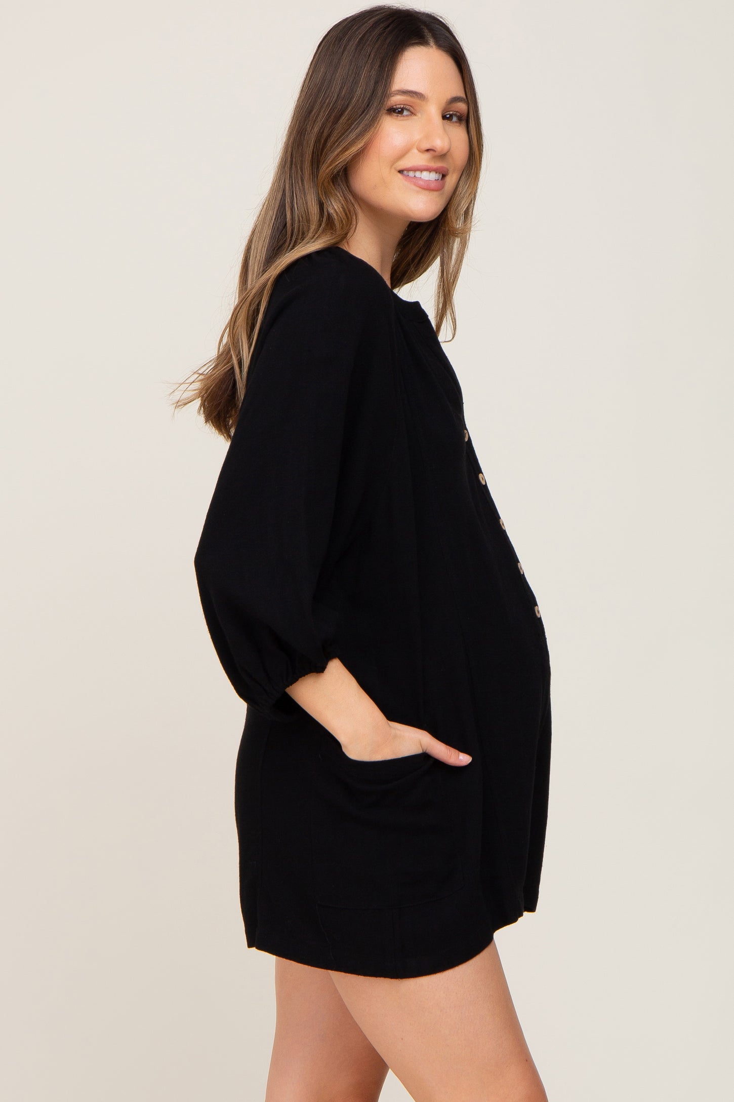 Black Linen Button Front Maternity Romper– PinkBlush