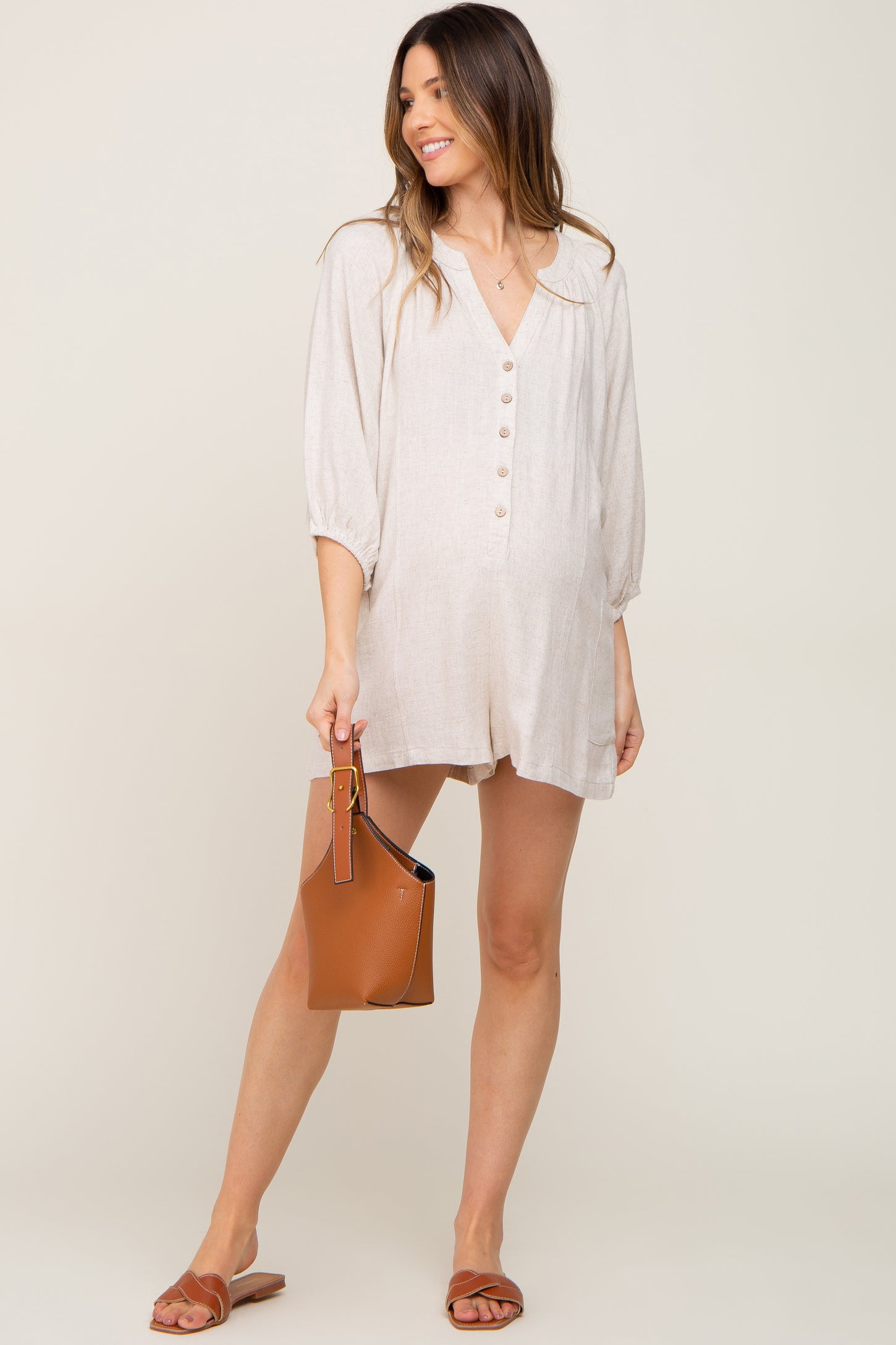 Beige Linen Button Front Maternity Romper– PinkBlush