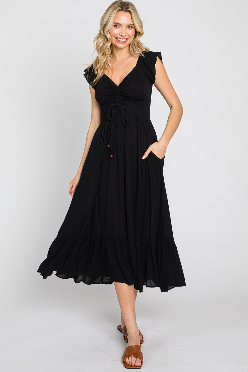 Black Smocked Ruched Ruffle Hem Maxi Dress – PinkBlush