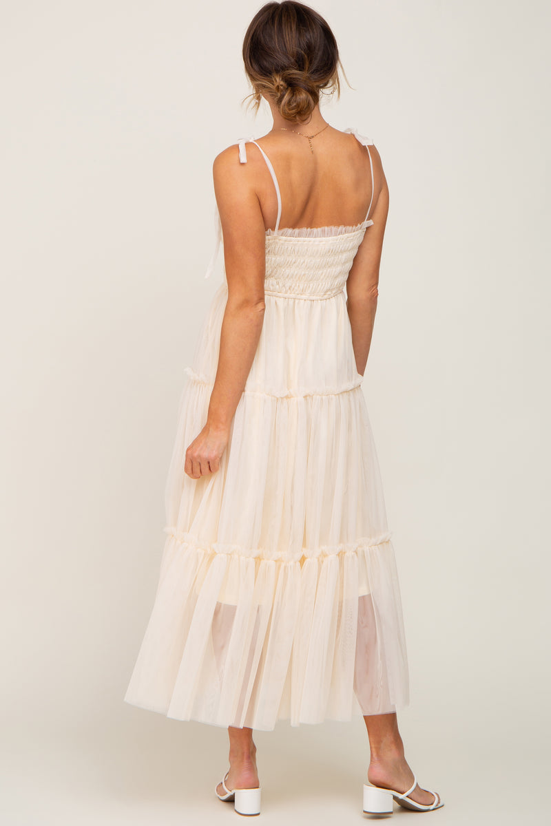 Cream Smocked Mesh Midi Dress – PinkBlush