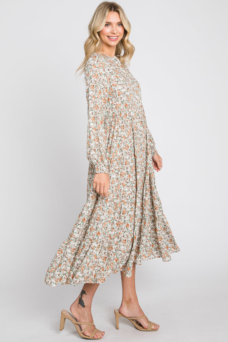 Beige Floral Button Front Long Sleeve Tiered Midi Dress – PinkBlush