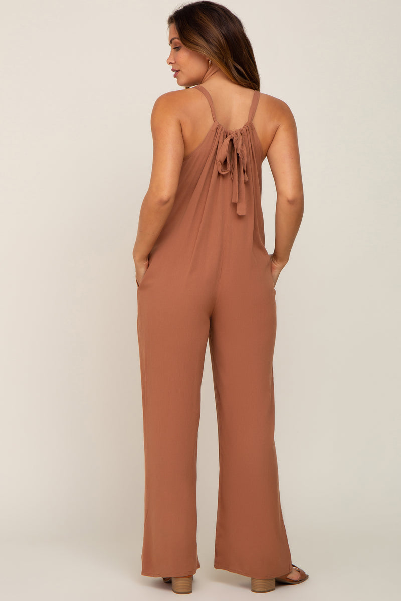 Mocha Halter Neck Maternity Jumpsuit– PinkBlush
