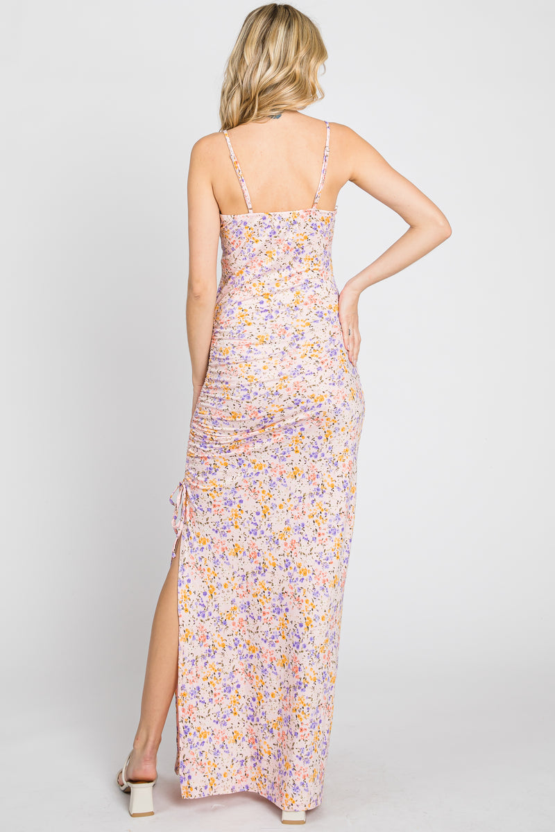 Pink Floral Side Slit Ruched Maxi Dress – PinkBlush