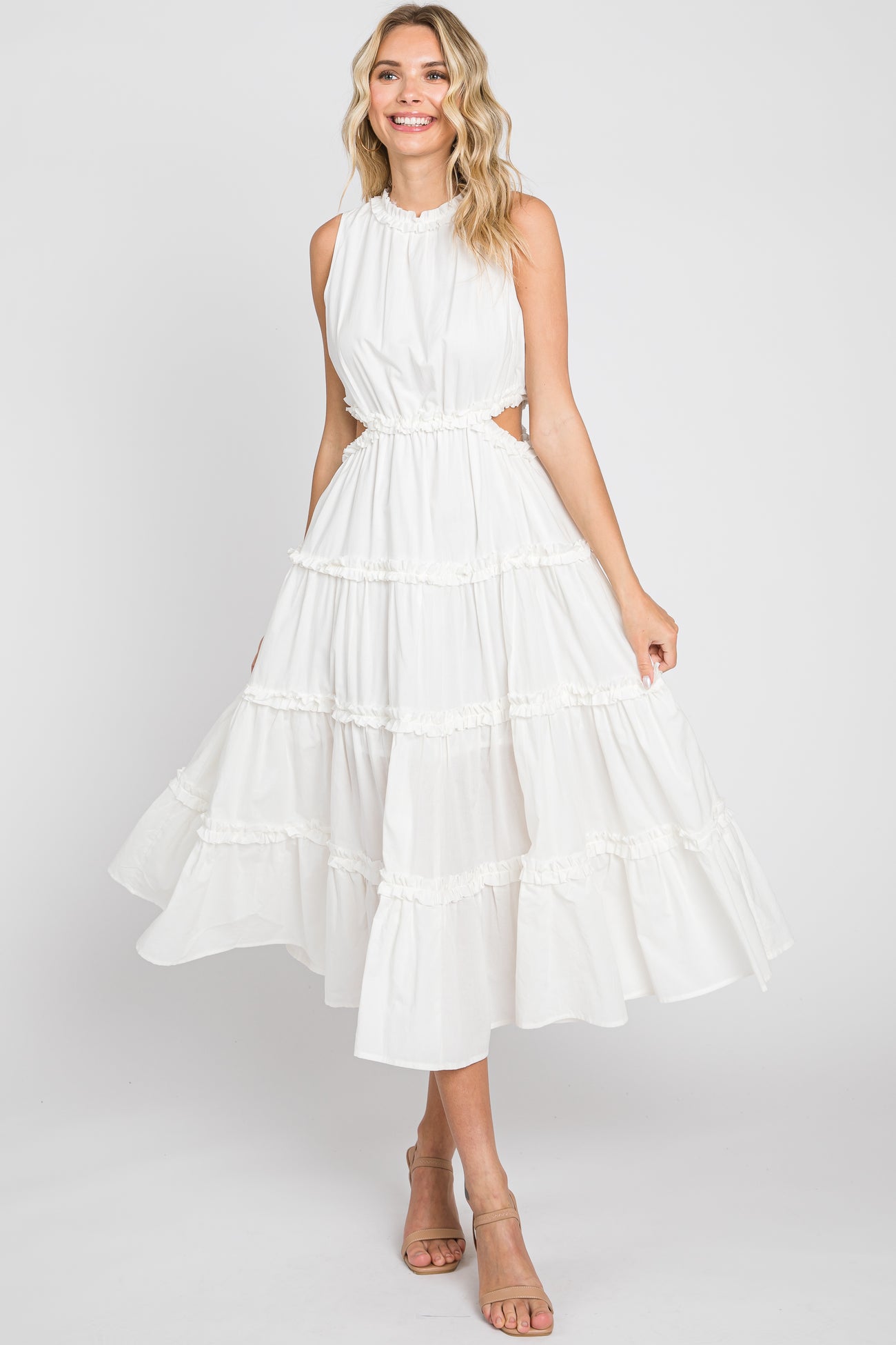 White Tiered Ruffle Cutout Maternity Midi Dress – PinkBlush