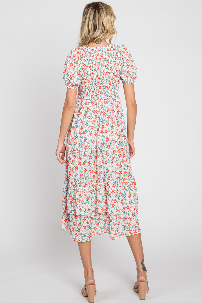White Floral Smocked Layered Midi Dress– PinkBlush