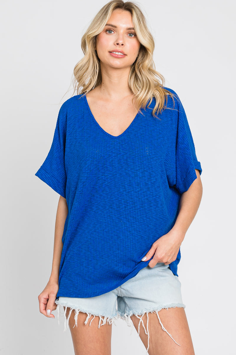 Royal Blue Rib Knit V-Neck Top– PinkBlush
