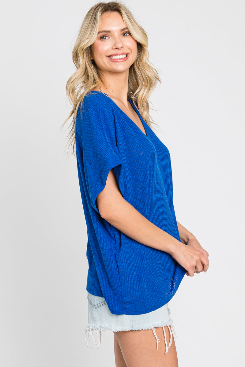 Royal Blue Rib Knit V-Neck Top– PinkBlush