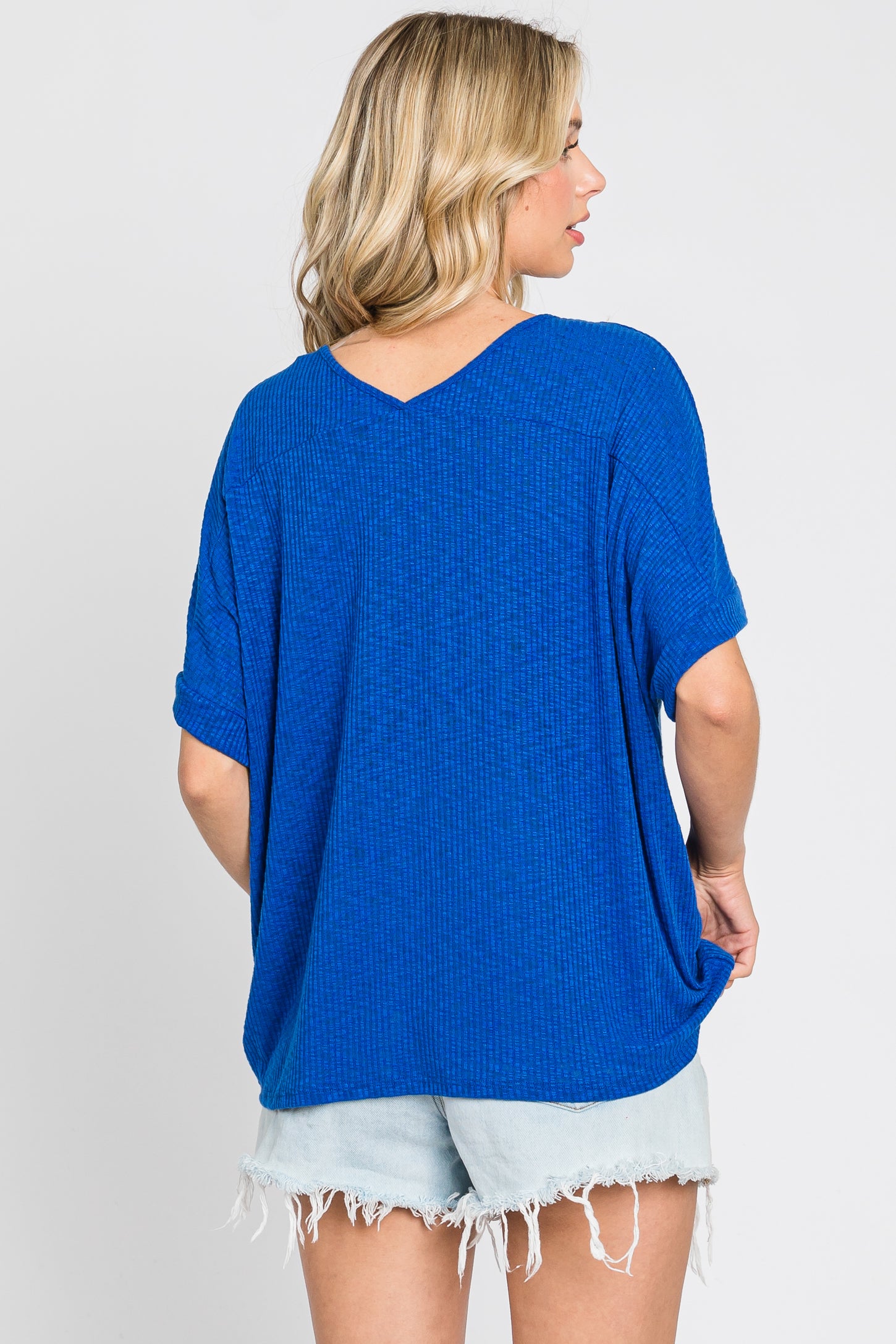 Royal Blue Rib Knit V-Neck Top– PinkBlush