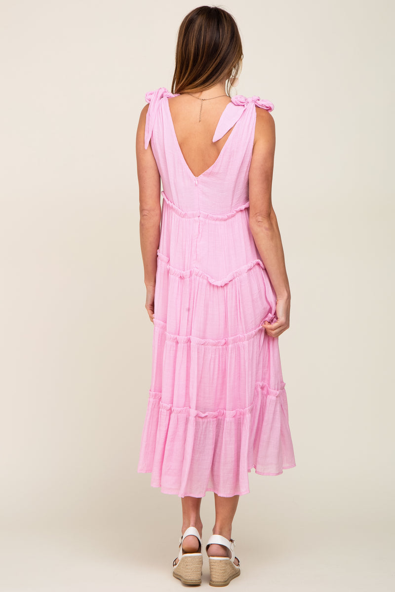 Pink Linen Button Front Shoulder Tie Tiered Midi Dress– PinkBlush