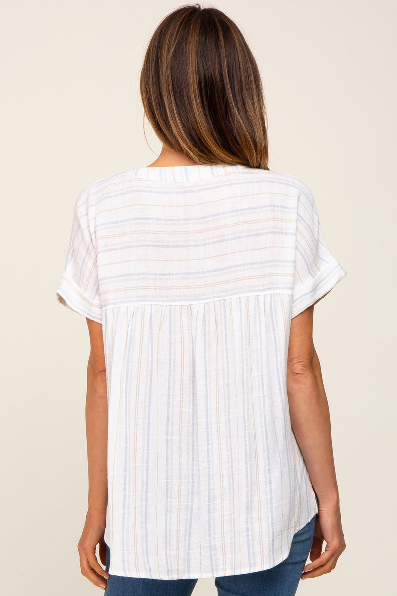 White Striped Linen Split V-Neck Top– PinkBlush