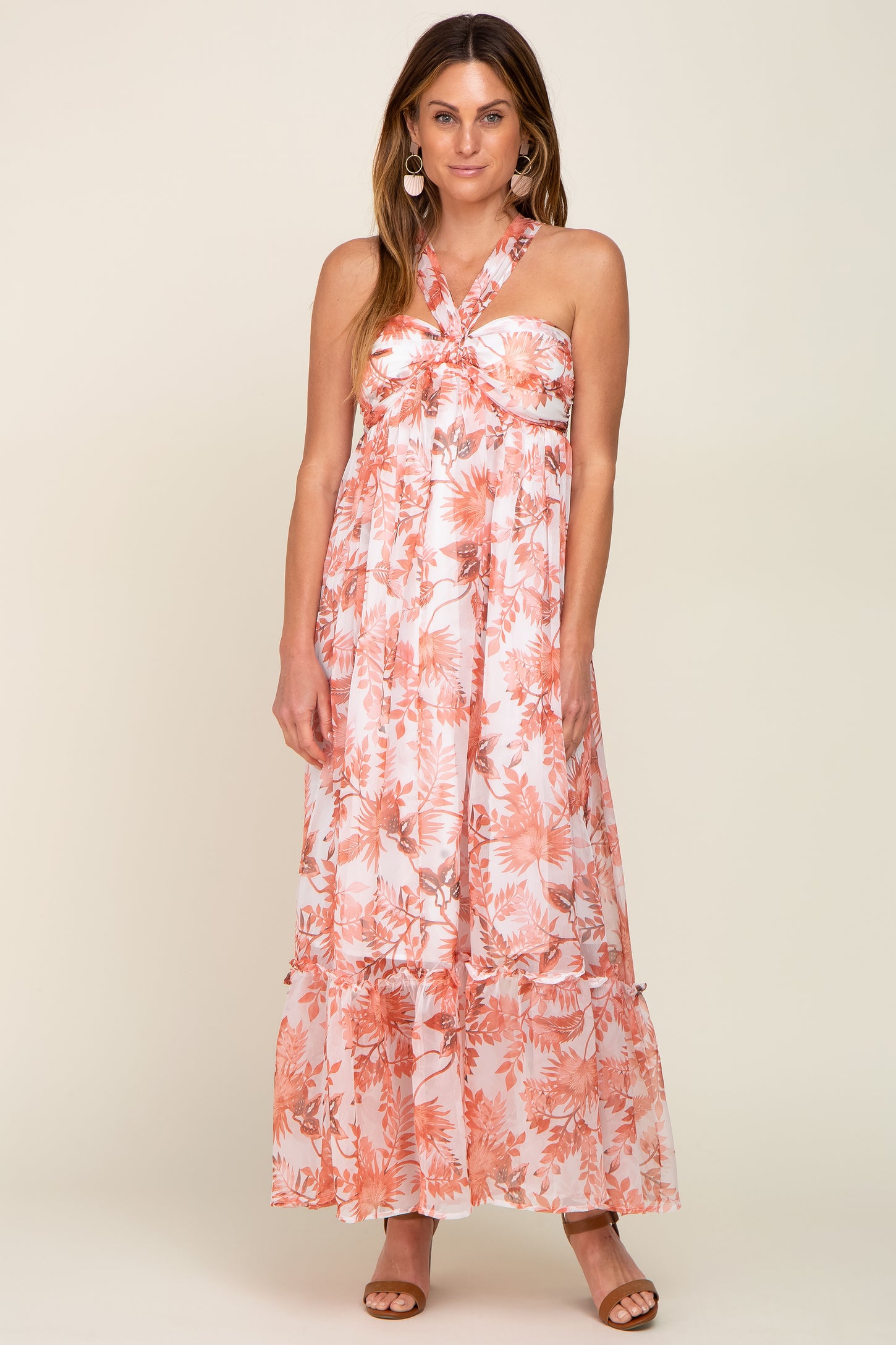 Rust Floral Chiffon Halter Maxi Dress– PinkBlush