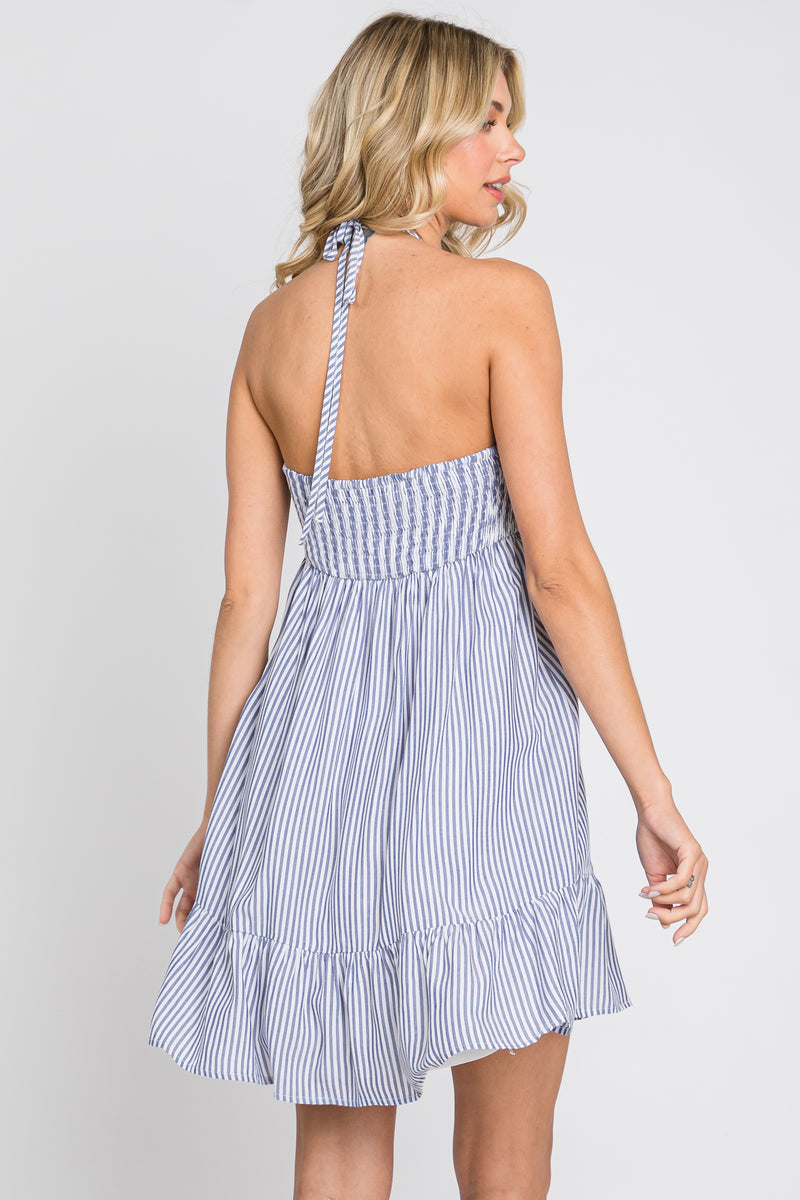 Blue Striped Halter Dress– PinkBlush
